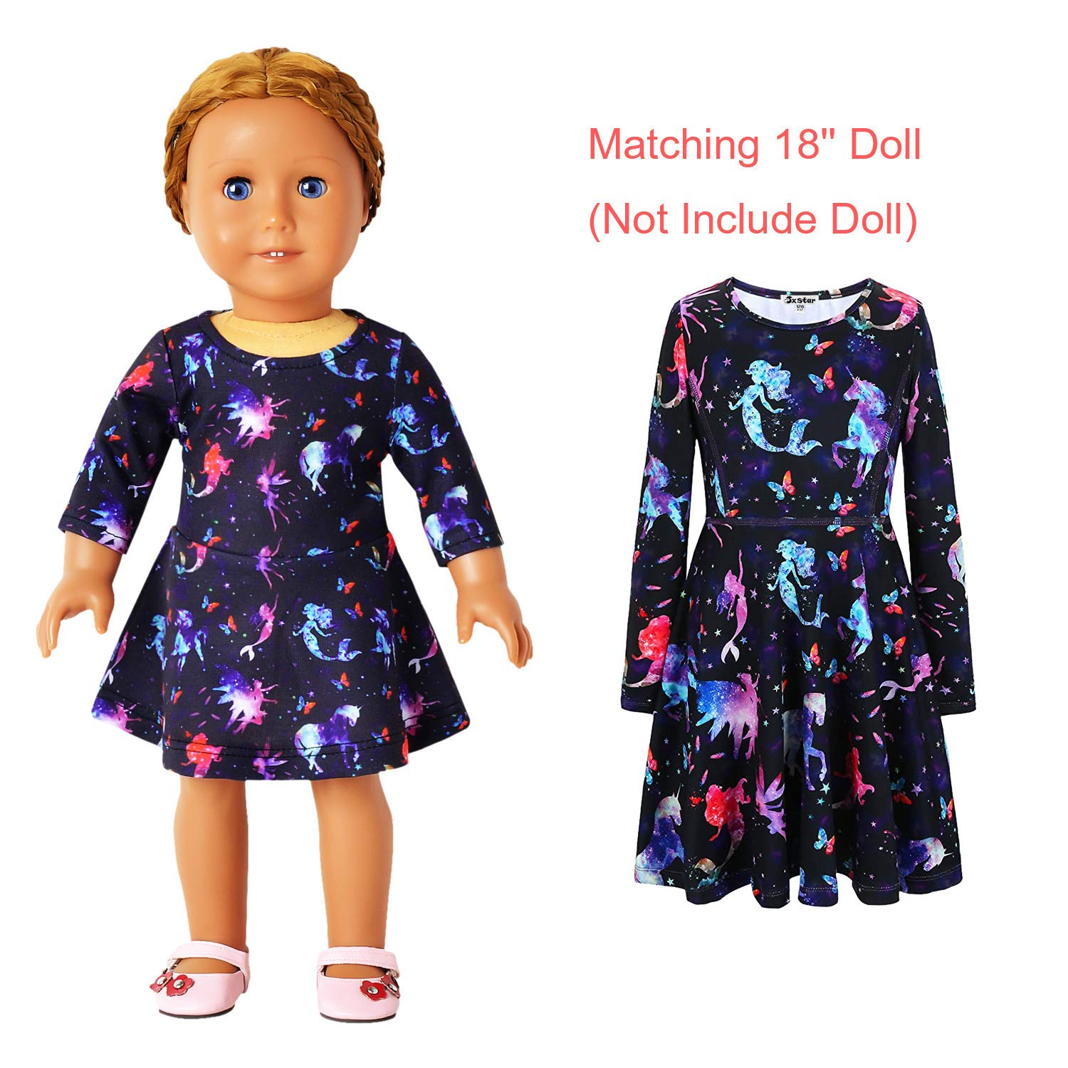 Long Sleeve Mermaid Dresses for Girls Kids Matching 18 inch American Doll,Size 10 11
