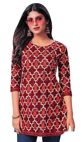 ladyline Casual Cotton Printed Tunic Top Blouse for Womens Short Kurti Ethnic Print (42/Maroon)