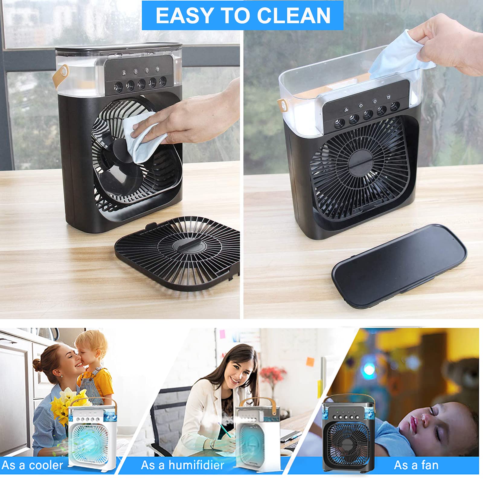 Portable Air Conditioner,Personal Air Cooler Small Quiet Evaporative with AC Adapter,Mini Humidifier Misting Fan, 1/2/3 H Timer, 3 Speeds,60°Adjustment for Office, Home, Room,Dorm,Outdoor - Black