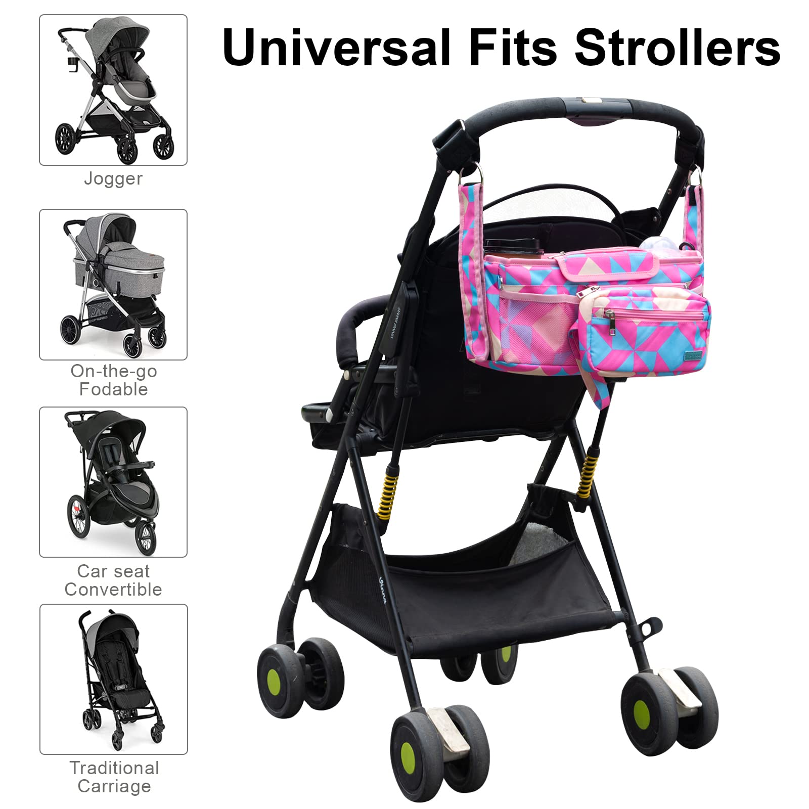 Universal Stroller Organizer,Non-Slip Stroller Caddy with Insulated Cup & Holder Detachable Zipper Bag Phone Bag,Fits for Nearly Any Strollers