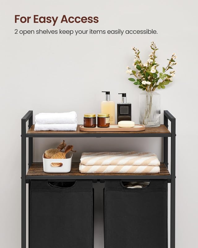 VASAGLE Laundry Hamper, Laundry Basket, Laundry Sorter with 2 Pull-Out and Removable Bags, 2 Shelves, 12.1 Gal (46L) Capacity per Bag, for Laundry Room, Rustic Brown and Black UBLH211B01