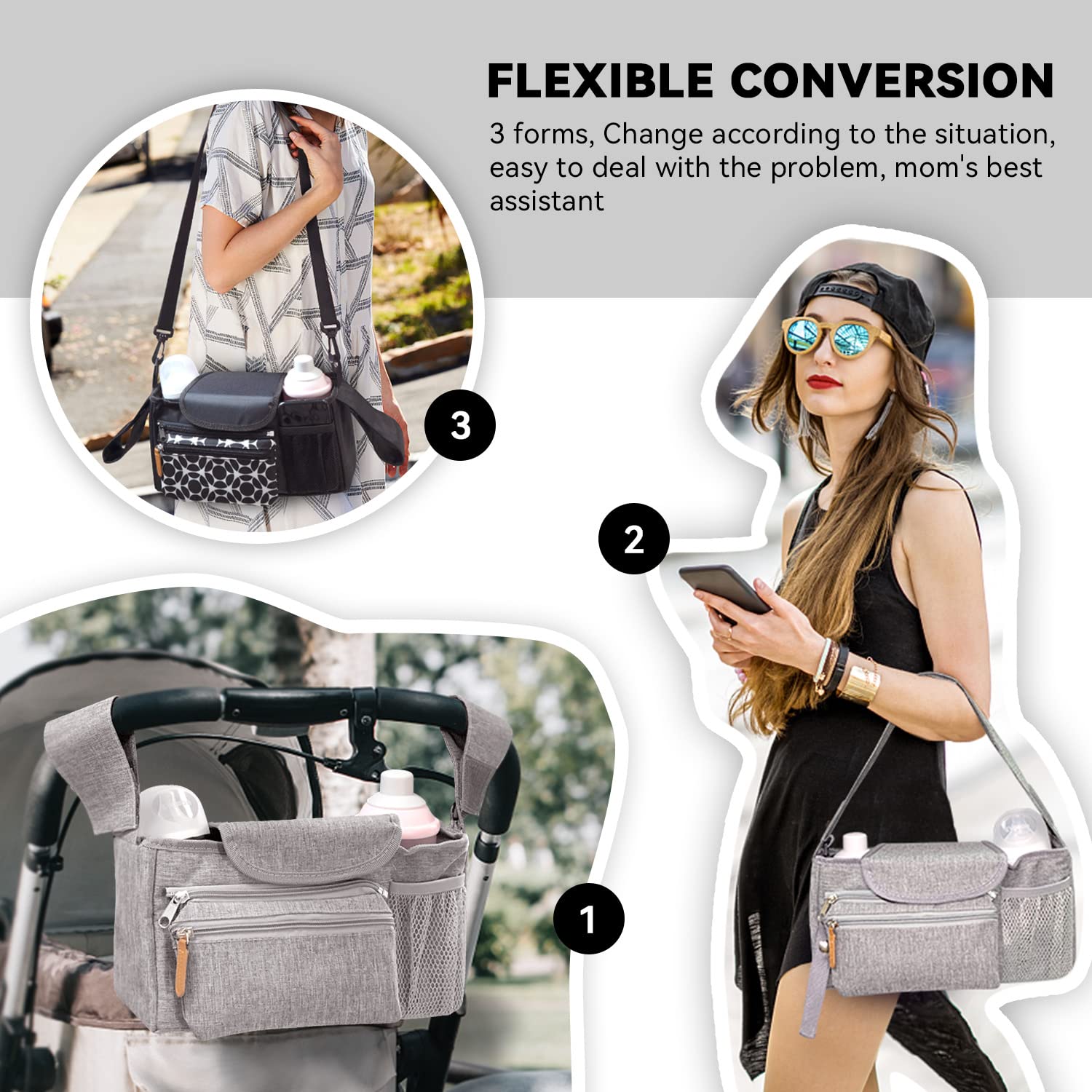 Universal Stroller Organizer With Cup Holder, Detachable Wristlet Pocket, Adjustable Shoulder Strap, Fit All Strolles (ST 01)
