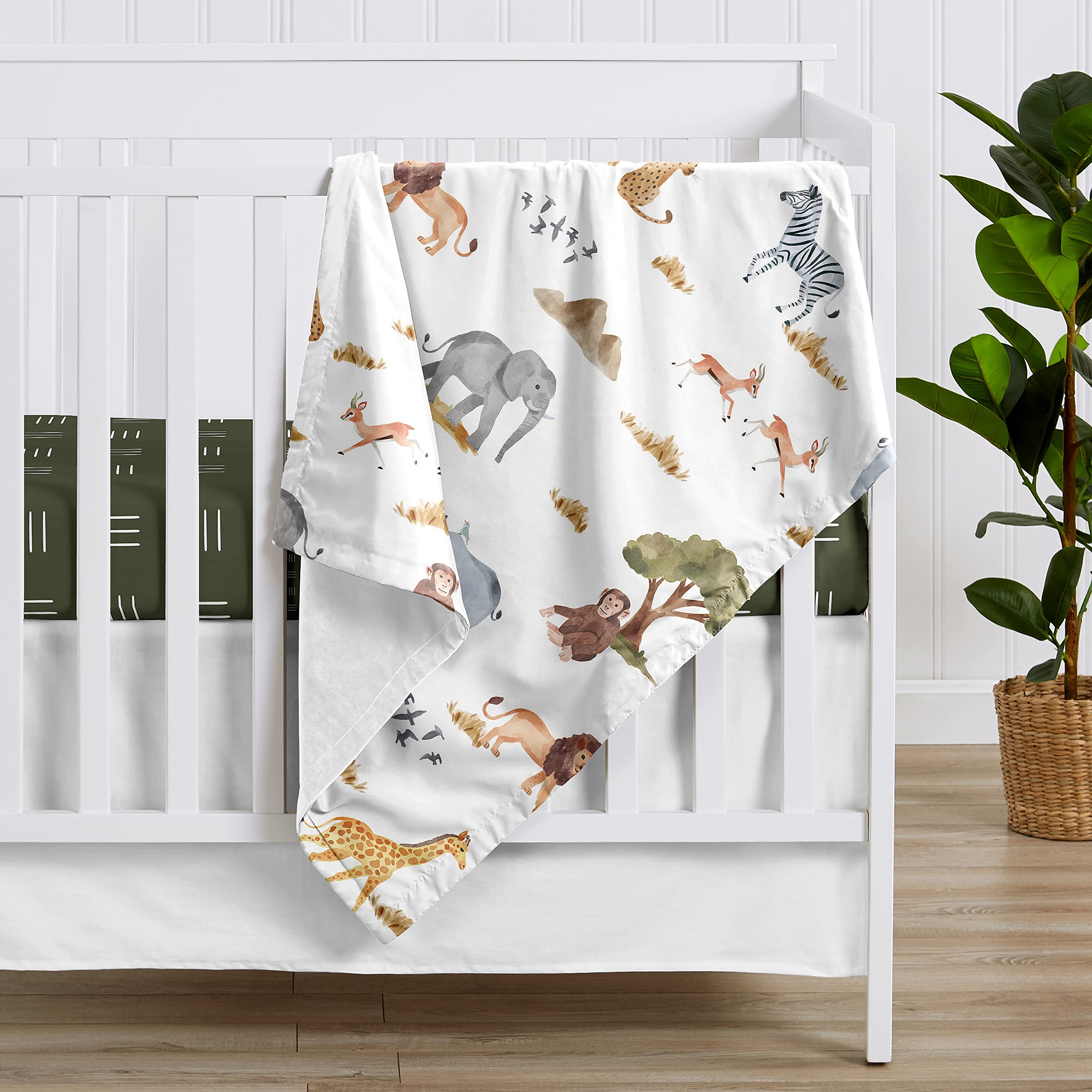 Sweet Jojo Designs Jungle Animals Blanket Receiving Security Swaddle Newborn Toddler Nursery Soft Minky Hunter Green Yellow Grey Black White Wildlife Safari Animal Elephant Giraffe Lion Monkey Leopard