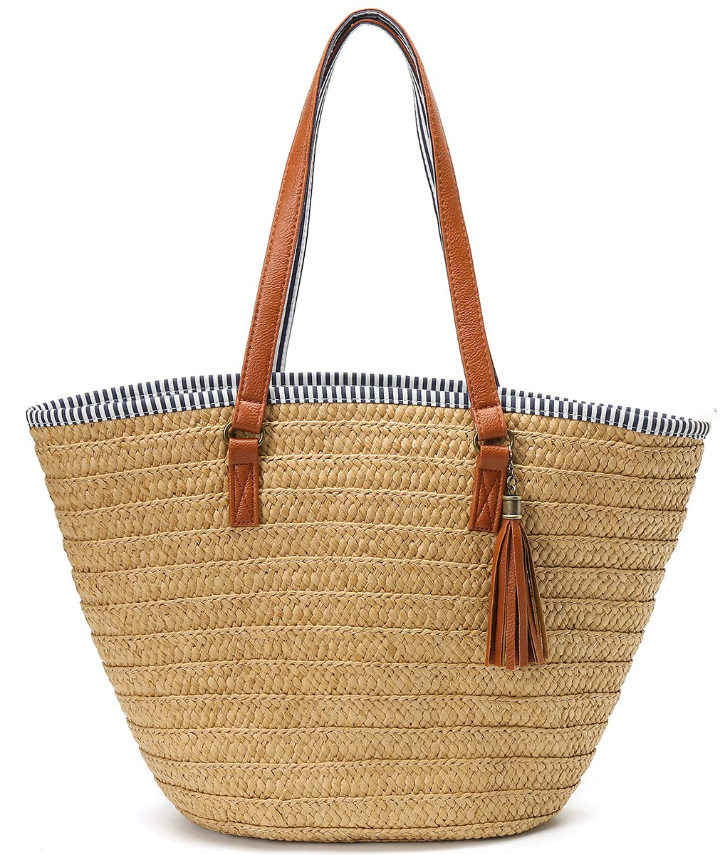 Molodo Straw Bag Round Summer Straw Large Woven Beach Bag Purse For Women Vocation Tote Handbags With Pom Poms