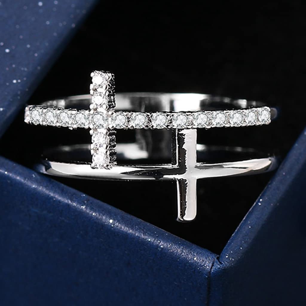 Silver Rose Gold Plated Double Christian Cross Religious Wedding Statement Christmas Holiday Ring (Silver, 8)
