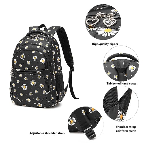 ZHIERNA School Backpack 3PCs Daisy Prints Set With Lunch Bag, Bookbags with Pen Case For Teen Girls Kindergarten Elementary(Black)