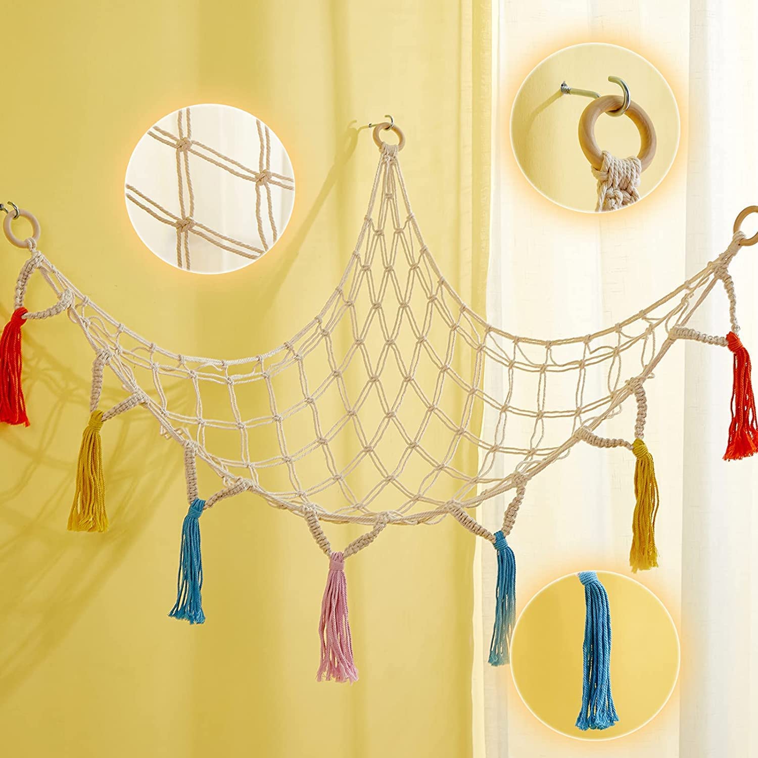 XIAOLAN Boho Stuffed Dolls Hammock Hanging Plush Toy Holder Boho Cotton Macrame Tassels Wall Storage Suitable for Bedroom Nursery