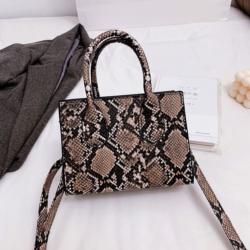 Retro Animal Snake Cow Print Women Messenger Handbag PU Top-Handle Shoulder Bags, Light Brown, 21 x 18 x 5cm