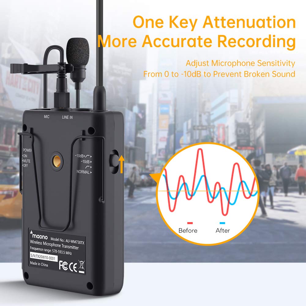 MAONO Wireless Lavalier Microphone System, Lapel Mic with -10dB Attenuation and Low Cut, Real-time Audio Monitoring, 48-Channel and Mute Compatible with Canon Nikon Sony DSLR, Camcorders(AU-WM730)