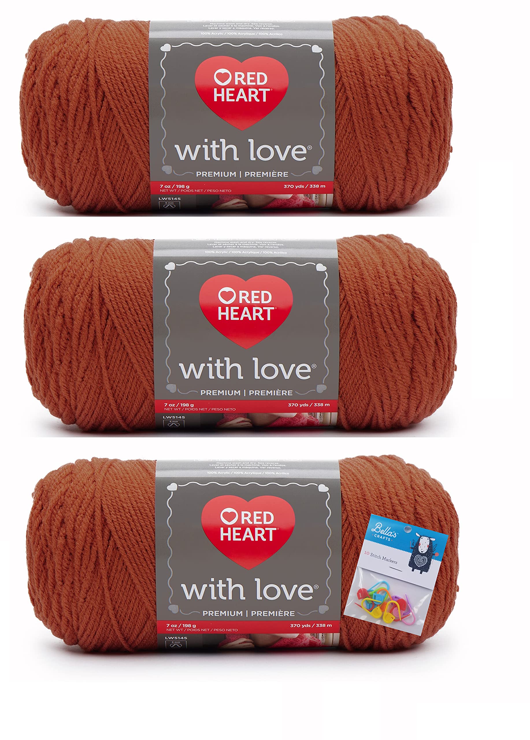 Red Heart with Love Yarn - Tigerlily - 3 Pack Bundle with Bella's Crafts Stitch Markers