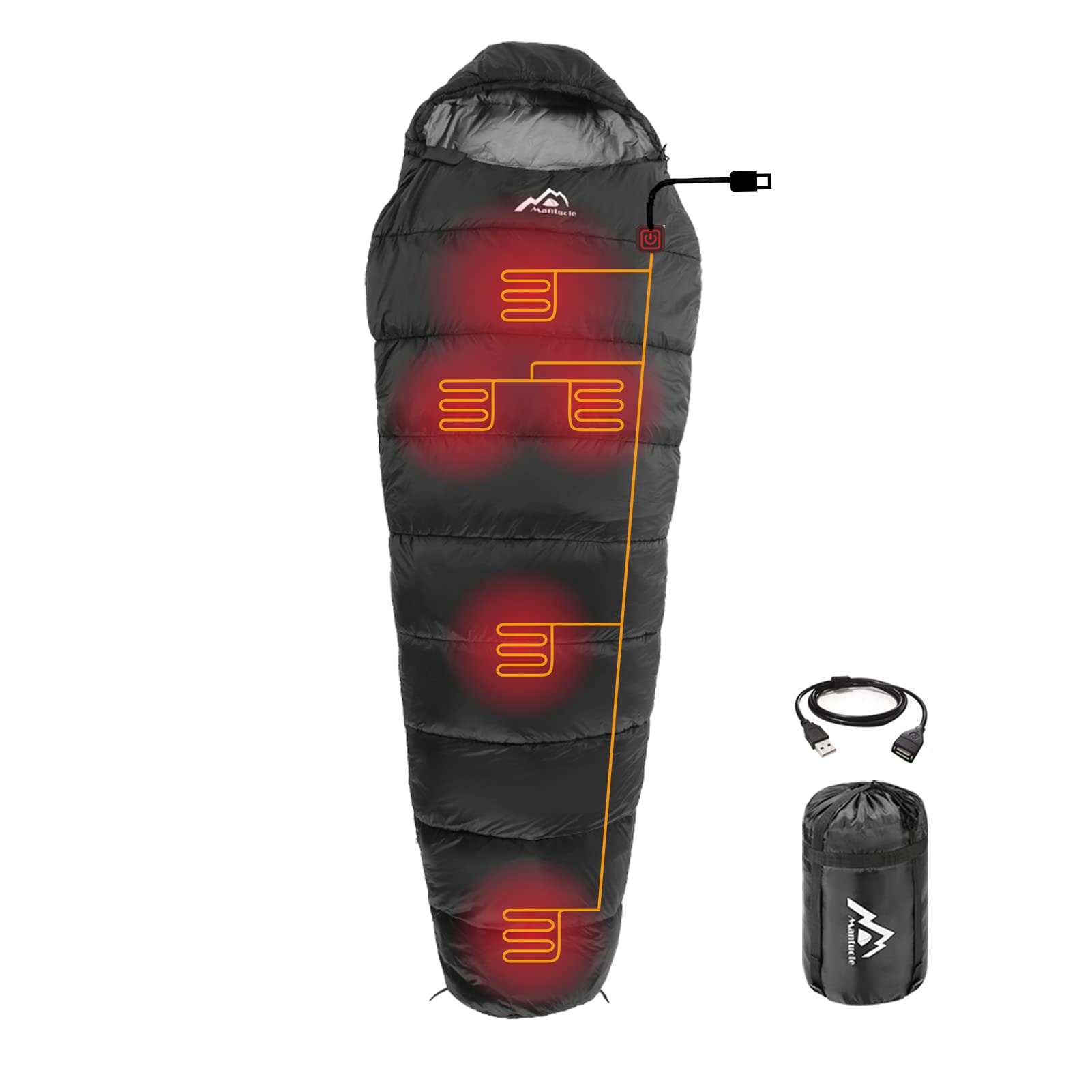 Mantuole Heated Sleeping Bag 5pcs Multi USB Power Support Heating Pads,Operated with Battery Power Bank or Other USB Power Supplies, Portable Compact Bag, Mummy Style-Black.