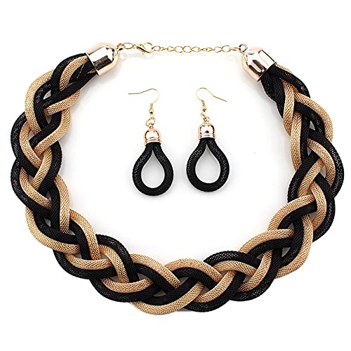 MMonesu Gold Black Statement Necklace, Braided Hollow Cable Large Bib Choker Collar, Chunky Choker National Tribal Necklace Dress Prom Jewelry for Women(BLACK-GOLD)