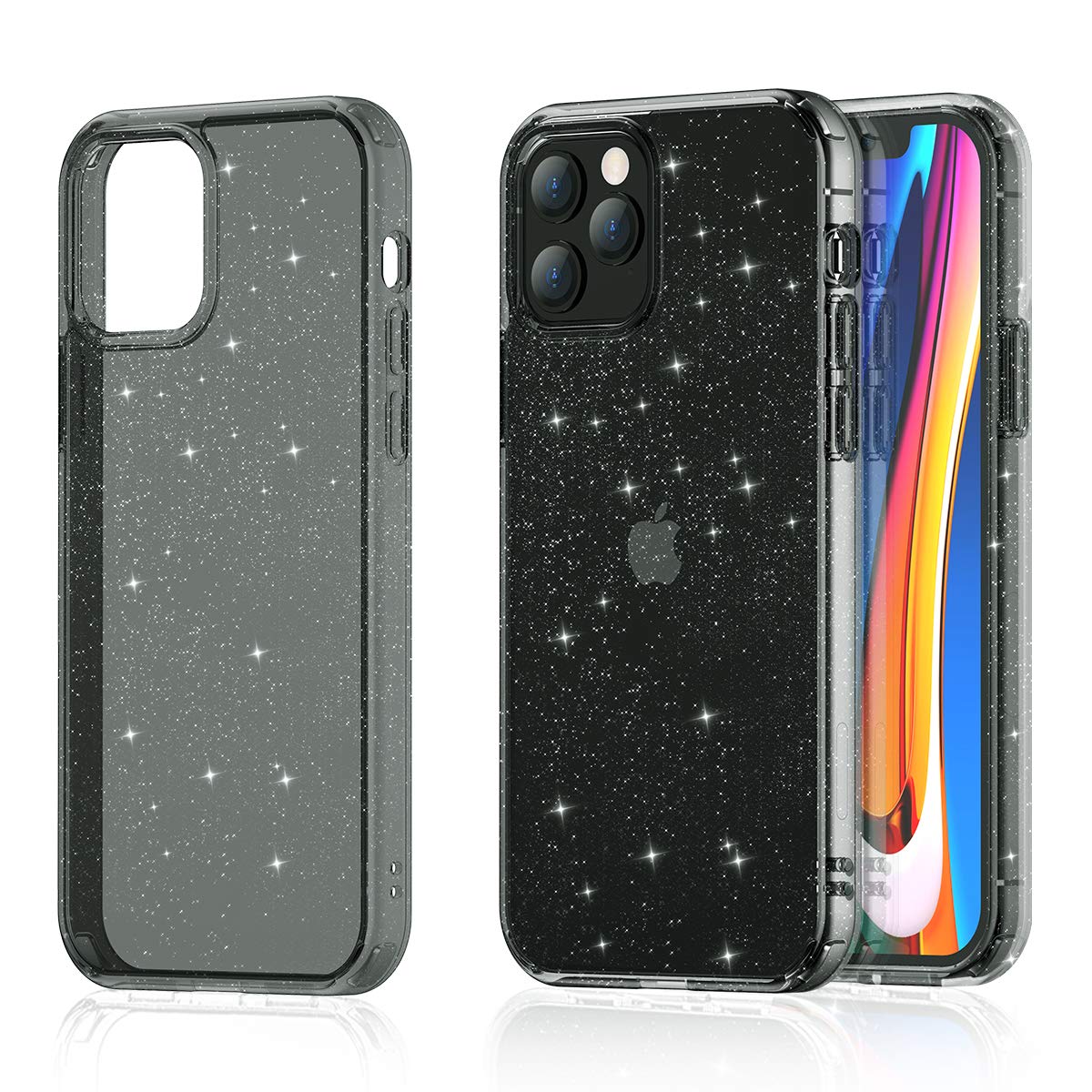 Meifigno Glitter Compatible with iPhone 12/12 Pro Case, Hard PC with Soft TPU Edge, [Military Level Protection][Green Materials], Clear Case Designed for iPhone 12/12 Pro 6.1" 2020, Glitter Black
