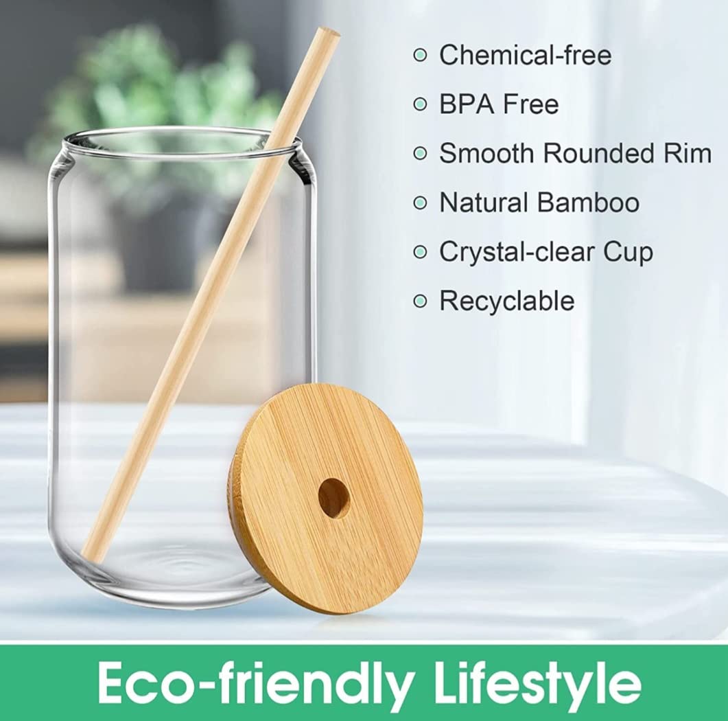 RANDY 4-Pack Beer Can Glass Cup, 16 oz Iced Coffee Drinking Cups with Bamboo Lid and Glass Straws, Glass Tumbler for Cocktail, Whiskey, Soda, Tea, Water