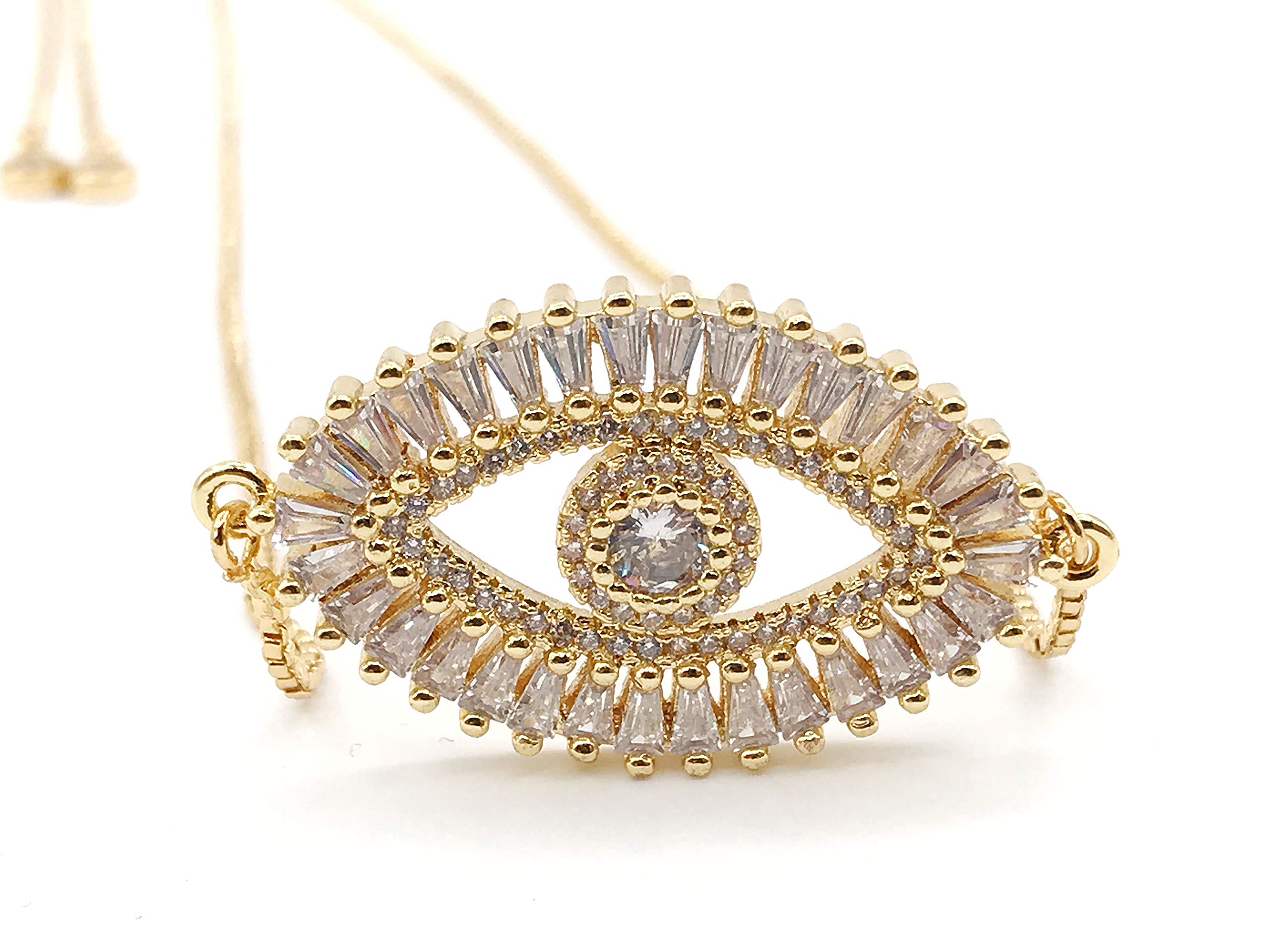 LESLIE BOULES Gold Evil Eye Necklace 18K Gold Plated Sliding Adjustable Chain Choker Jewelry