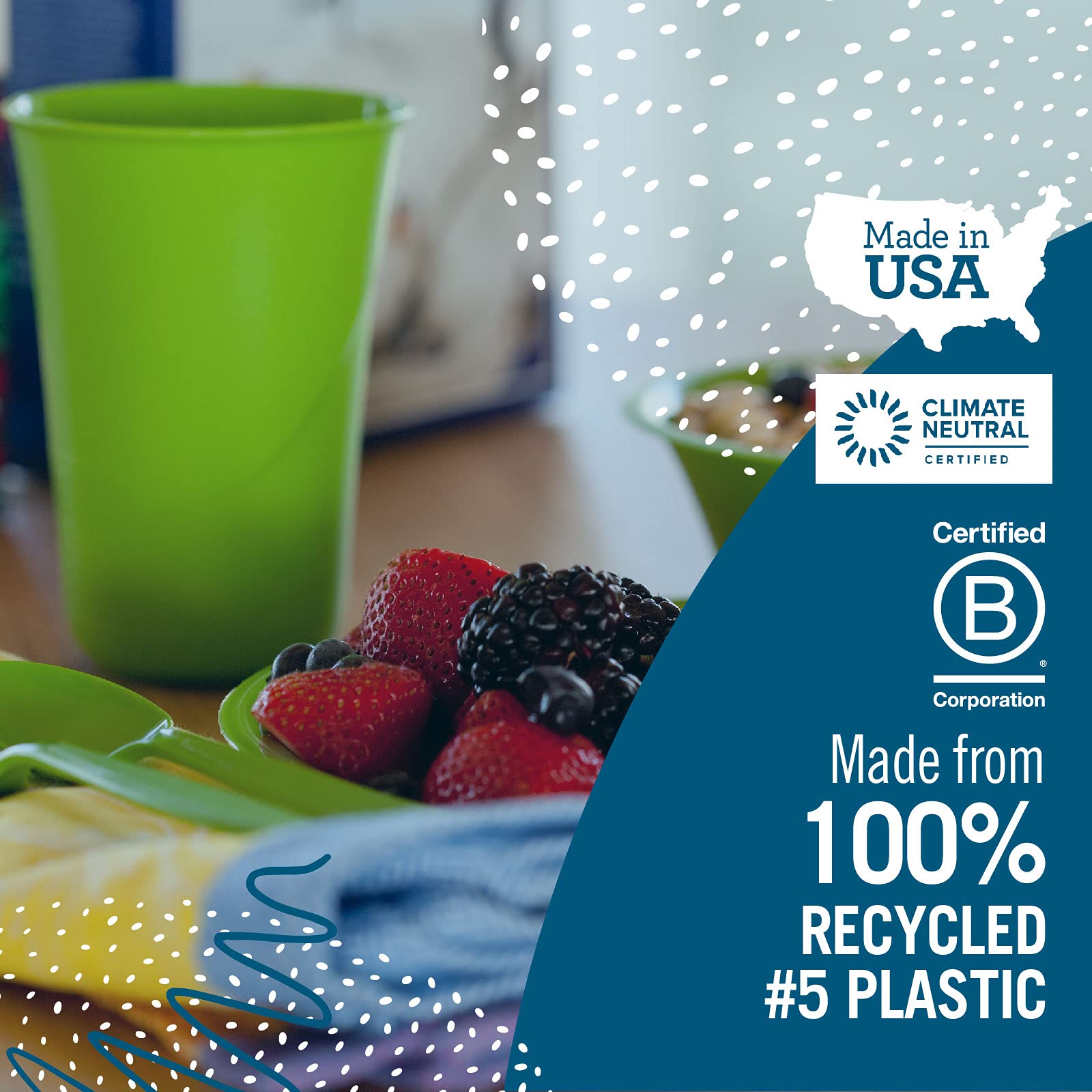 Preserve Reusable BPA Free Everyday Tableware Set with Cutlery Made from Recycled Plastic: 4 Plates, 4 Bowls, 4 Cups and 24 pieces of Cutlery, Midnight Blue