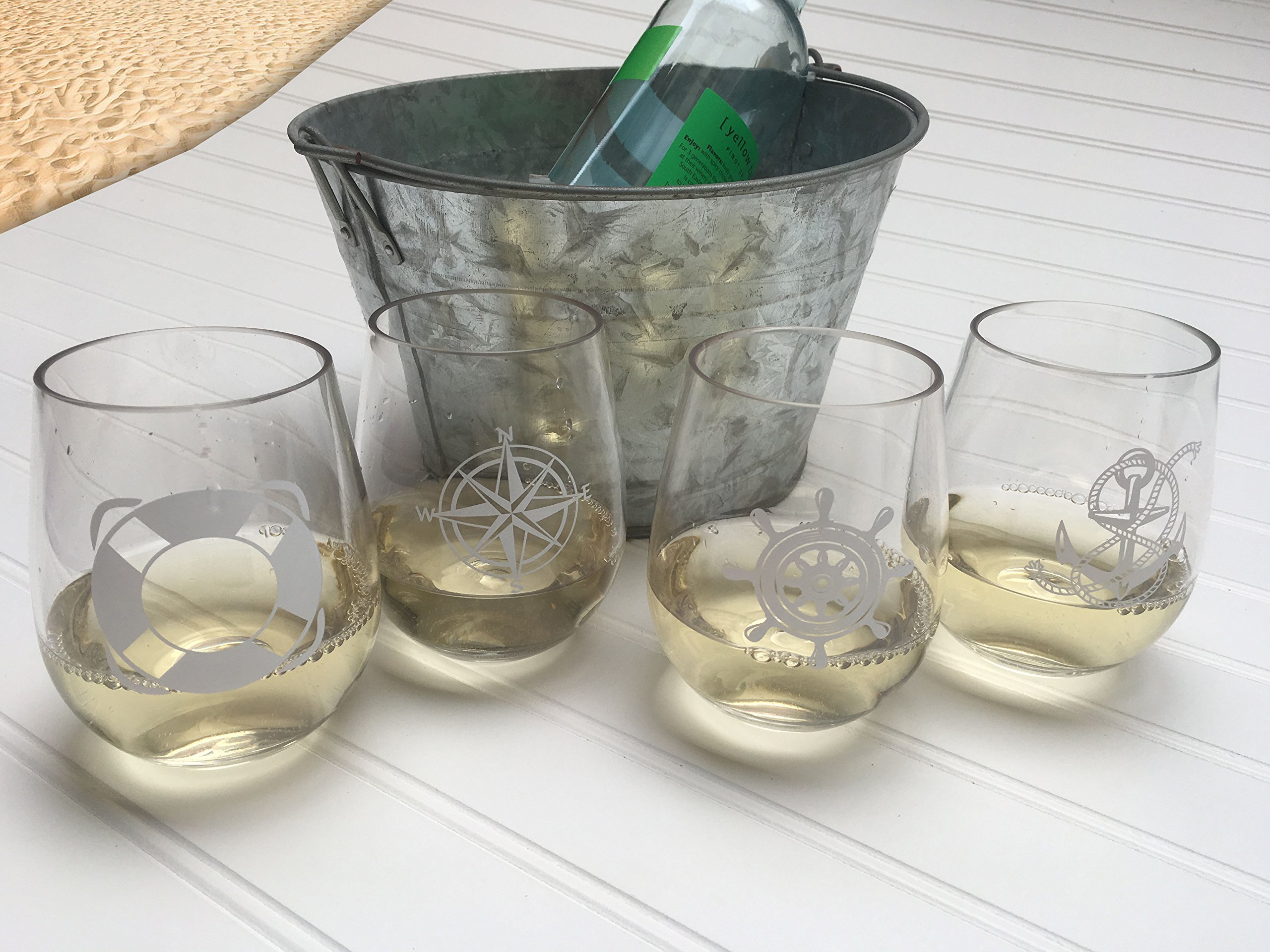 SET OF 4 -Stemless Boat Wine Glasses-Nautical Themed, Plastic, 16oz, Pool Wine Glasses, Shatter Proof Drinking Glasses for Wine or Cocktails
