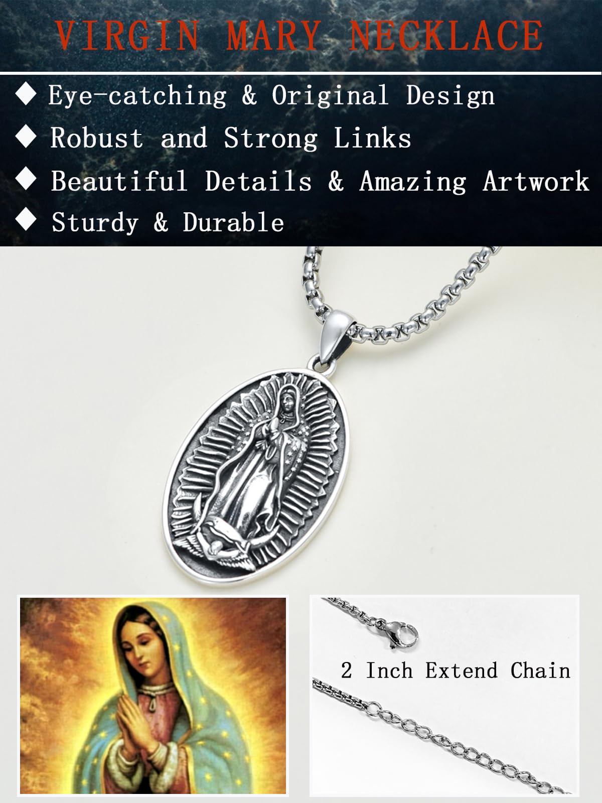 Seiyang Virgen de Guadalupe Necklace Sterling Silver Virgin Mary Pendant Miraculous Medal Pendant Religious Gift for Women Mom
