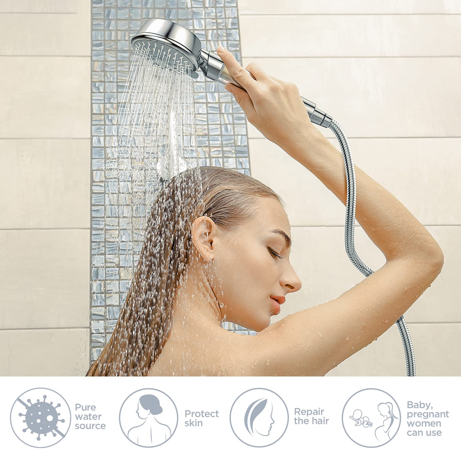 ROOMATIC Filtered Shower Head with Vitamin C, Shower Filter Remove Chlorine & Heavy Metals - Help Dry Skin & Hair Loss, High Pressure 5 Spray Mode Showerhead with 70" Hose & 2 Replacement Filters