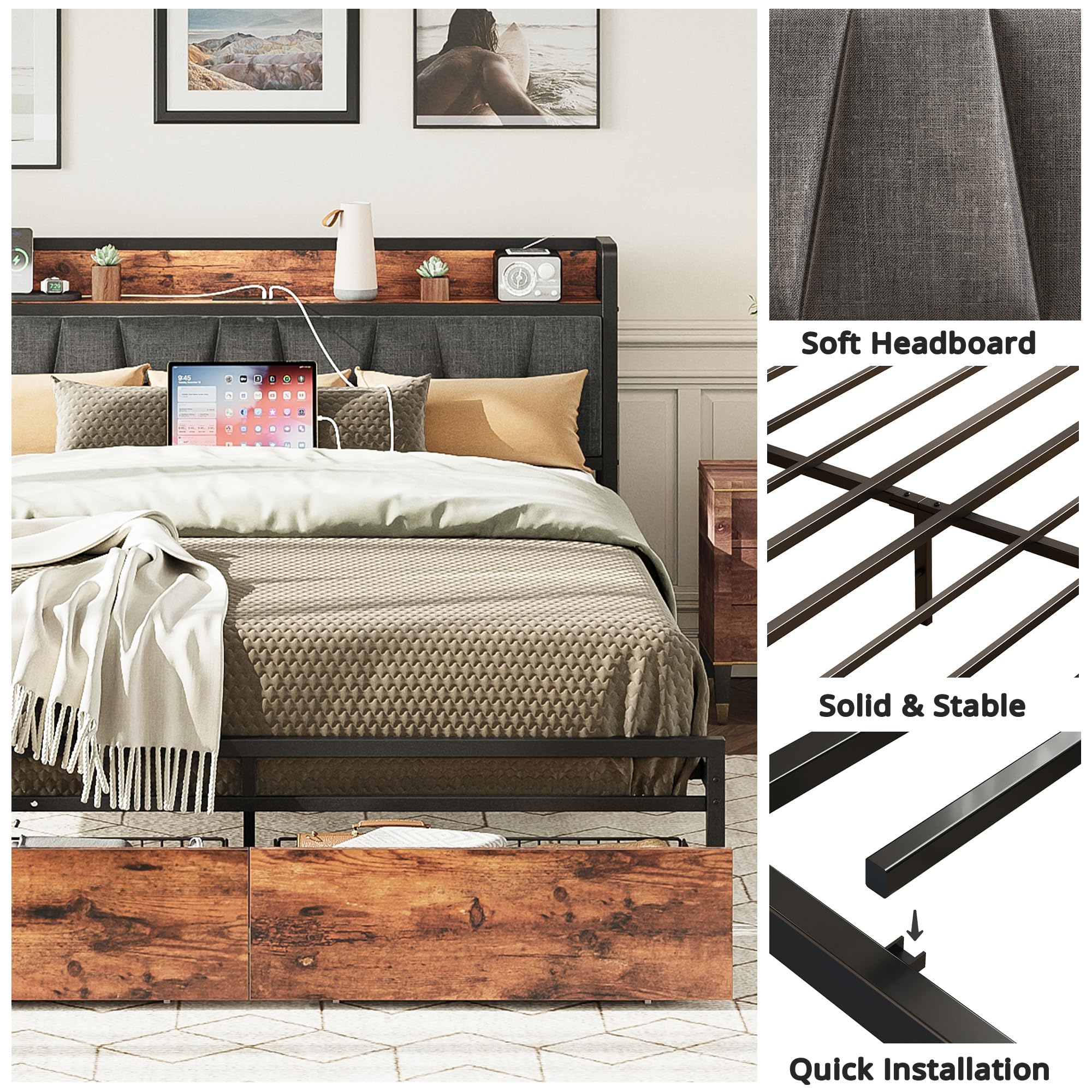 LIKIMIO Queen Bed Frame, Storage Headboard with Charging Station, Platform Bed with Drawers, No Box Spring Needed, Easy Assembly, Vintage Brown and Gray