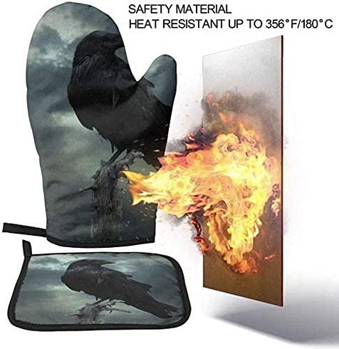 Raven Oven Mitt and Pot Holder Kitchen Set of 2: Heat Resistant Oven Mittens and Hot Pads Potholders for Kitchen