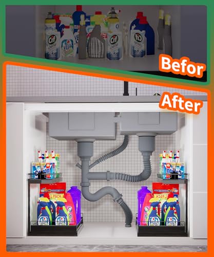 ZJSYMZY Under Sink Organizer,2 Tier Sliding Under Cabinet Storage,Heavy Load Carbon Steel Under Sink Storage for Kitchen Bathroom