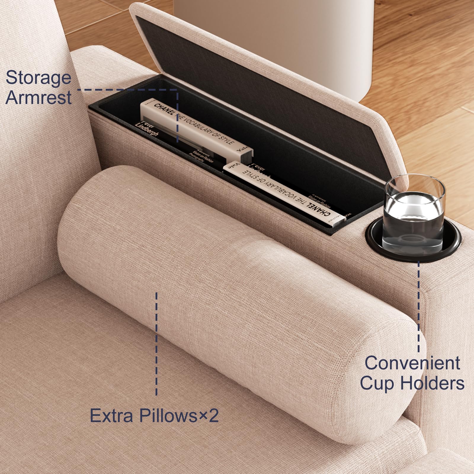 ZAFLY Convertible U-Shaped Sofa, Modern Modular Sectional Sofa Couch Set with Removable Ottoman and Armrest, Stylish Living Room Couches with Cup Holders, 115 Inch - Dark Grey