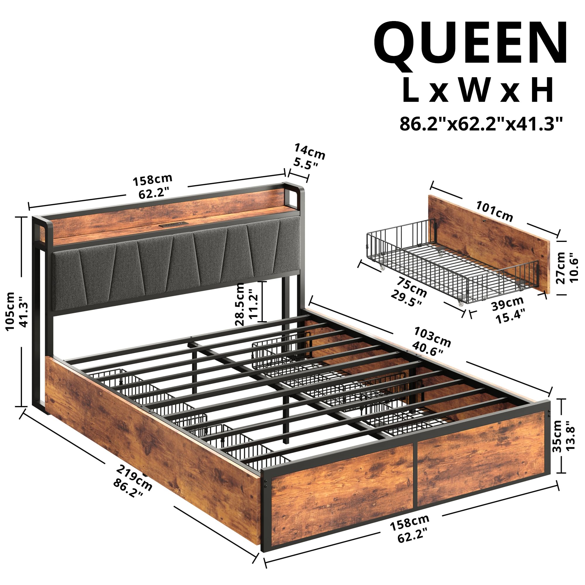 LIKIMIO Queen Bed Frame with 4 Storage Drawers, Platform Bed with Charged Headboard, Sturdy and Stable, No Noise, No Box Spring Needed, Easy to Install, Vintage Brown and Gray