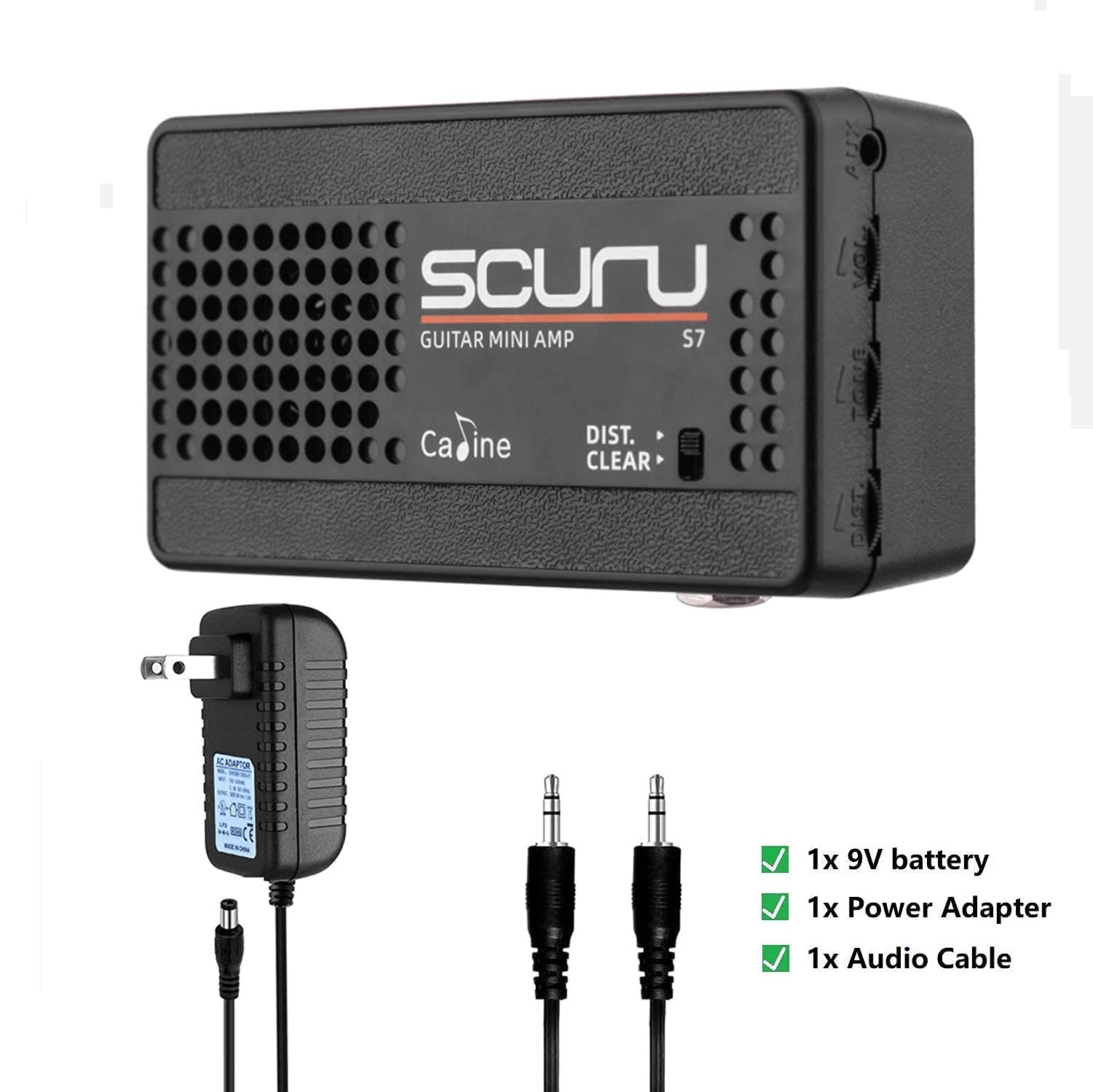 Portable Electric Guitar Mini Amp 3 Watt Built in Clear Distortion Channel with 9V Power Adapter - S7 Pocket Mini Guitar Amp Mini Speaker Guitar Practice Amplifier with Headphone Jack Output AUX Input
