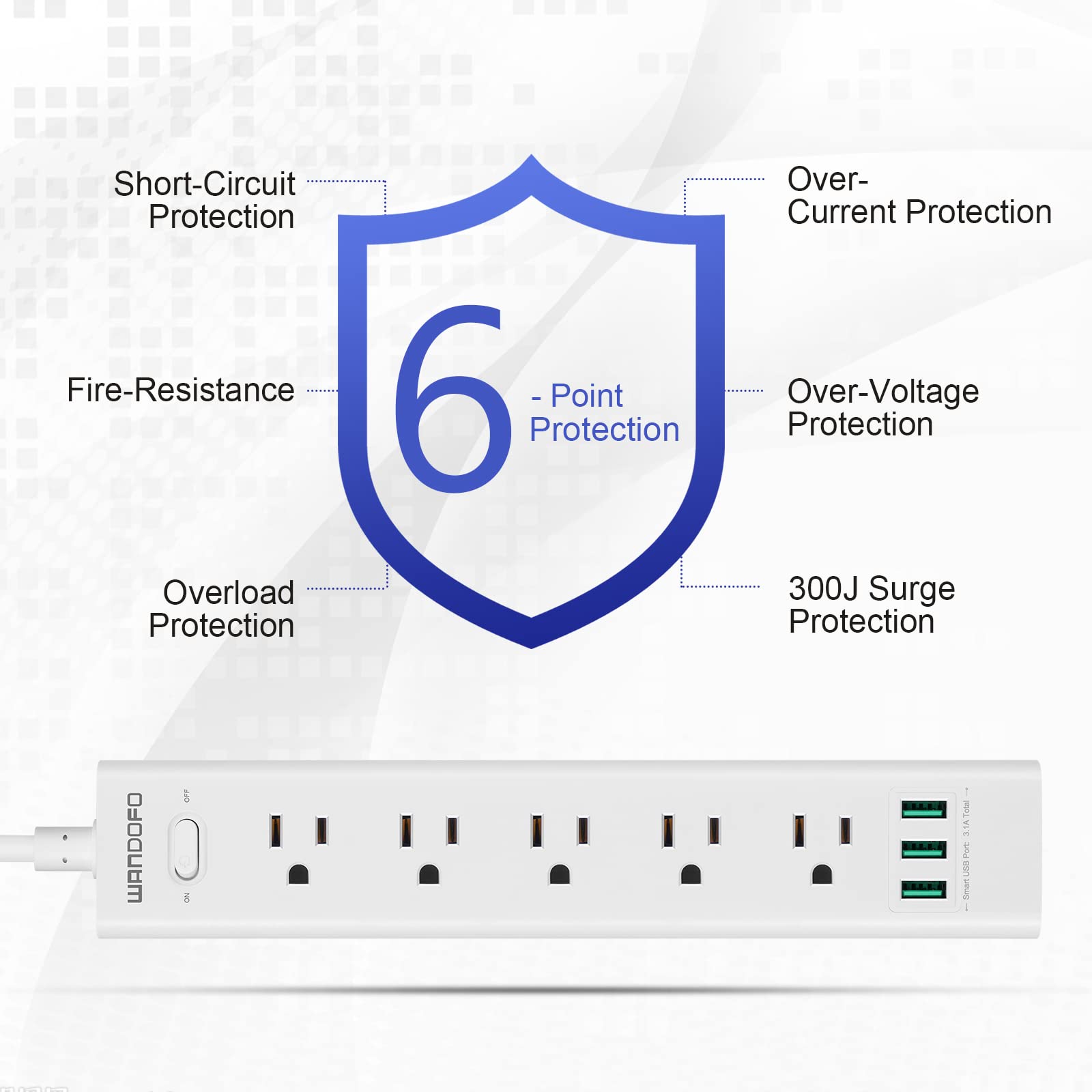 WANDOFO 2 Prong Power Strip, 5 FT Extension Cord Surge Protector, 5 Outlets and 3 USB, 13A/1625W, Polarized Two Prong to Three Prong Outlet Adapter Converter, Wall Mount, White