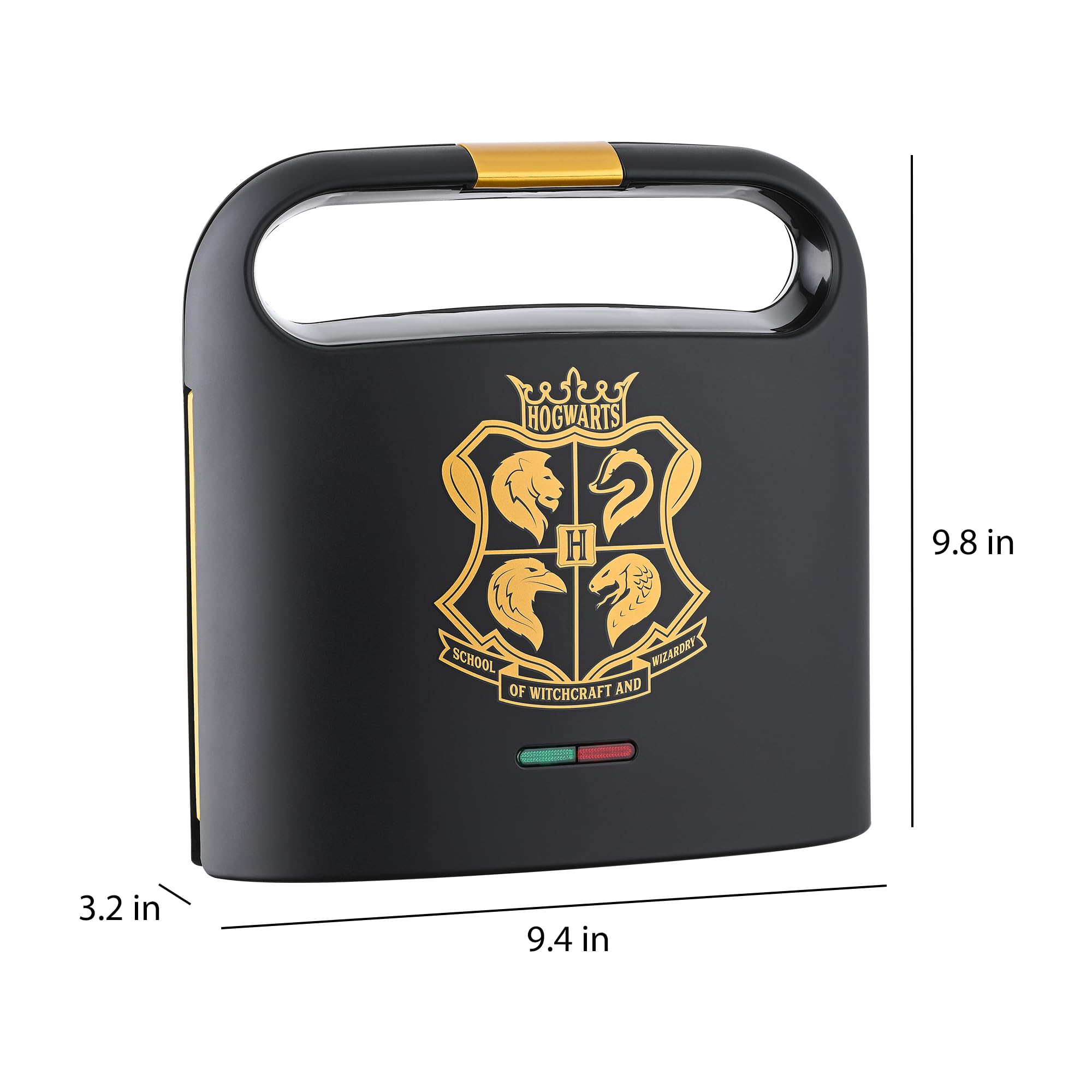Warner Brothers Harry Potter Dual Sandwich Maker by Select Brands - Ceramic Coated Cooking Plates - Imprints Hogwarts Crest and Harry Potter Glasses on Toasted Sandwiches, Black and Gold, WBH-100SM