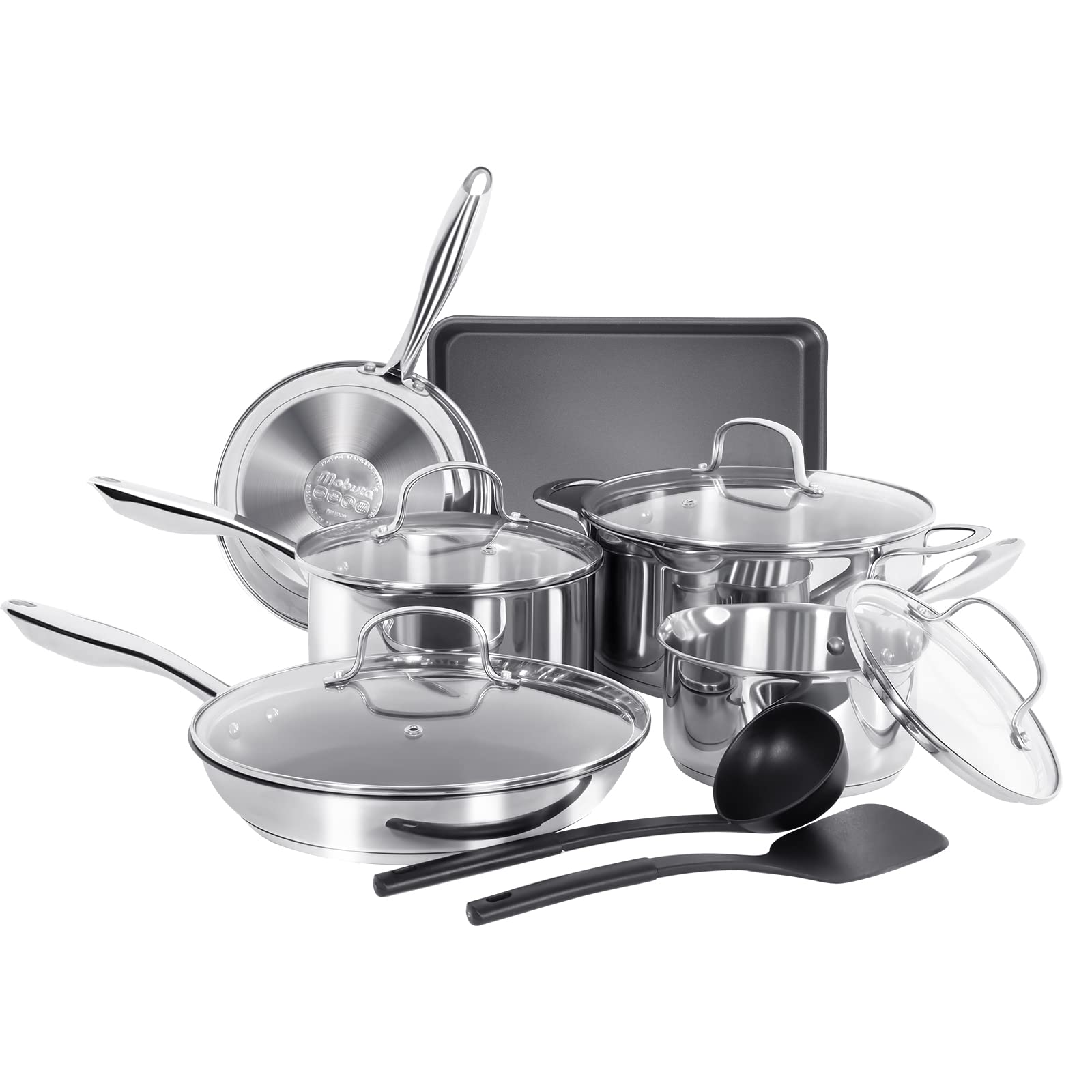 Mobuta 12 Piece Stainless Steel Professional Kitchen Cookware Set, Induction Pots and Pans Set with Tri-Ply Base,Glass Lids and Riveted Handles,Dishwasher & Oven Safe