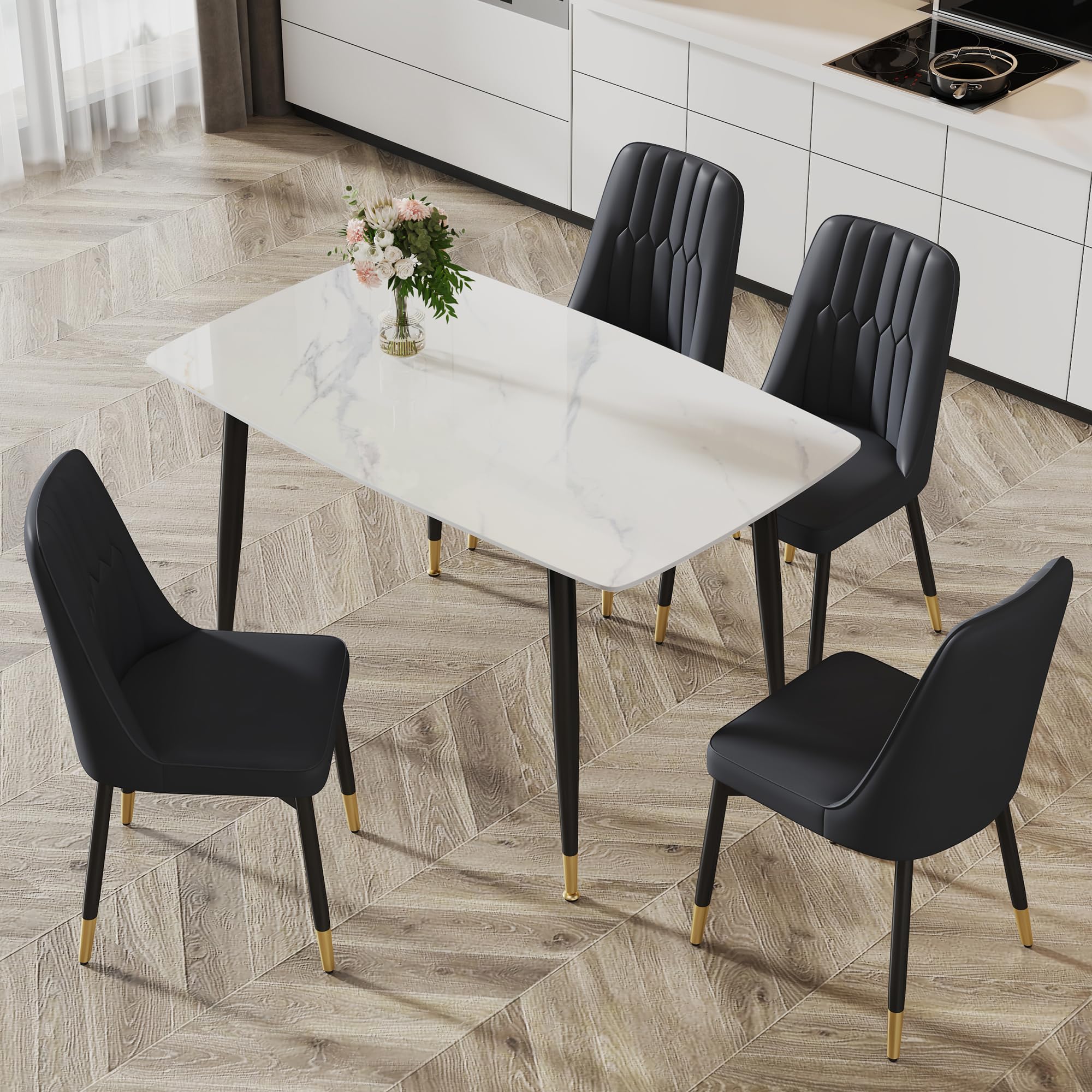 Maotifeys Dining Table, Modern Kitchen Tables Top with Sintered Stone, Metal Base & Legs for Kitchen Dining Room (White-1 Table,4 Black Chair)