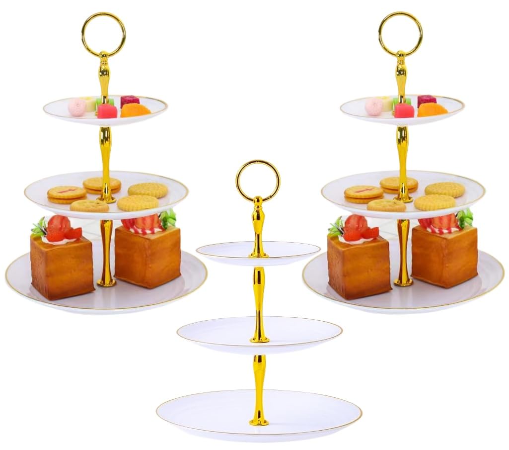 RAUVOLFIA 3 Pack 3 Tier Cupcake Stand, Plastic Tiered Serving Stand, Dessert Tray for Tea Party, Baby Shower and Wedding (White)
