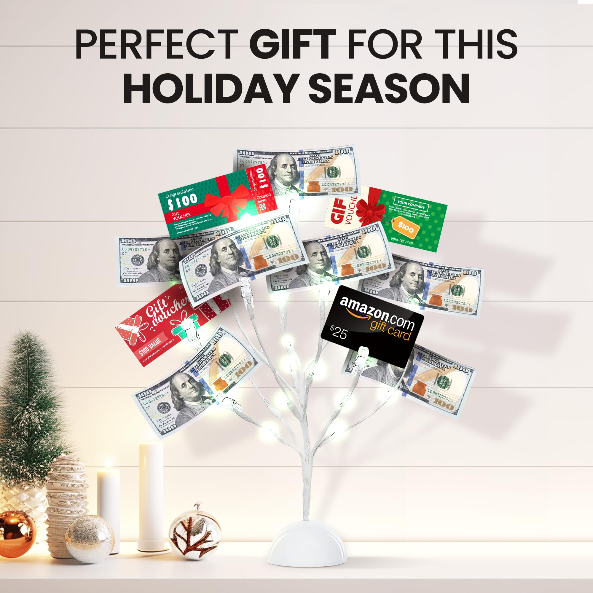 MEIN SCHATZ Money Tree Gift Card Holder with 10 Clips & LED Lighted Tips - White Money Tree Gift Holder for Cash - Ideal Present for Wedding, Birthday, Easter & Christmas - Photo & Gift Card Tree