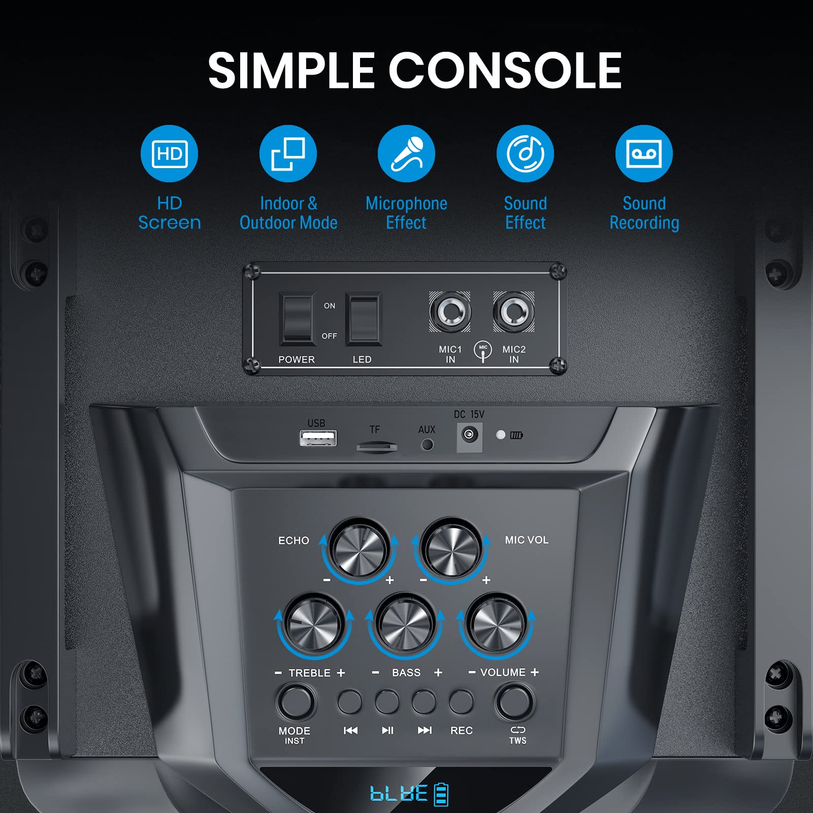 Moukey Karaoke Machine, PA System Double Woofer for Party, Portable Bluetooth Speaker w/ 2 Wireless Microphone, Disco Lights and Echo/Treble/Bass Adjustment, Support TWS/REC/AUX/MP3/USB/TF/FM