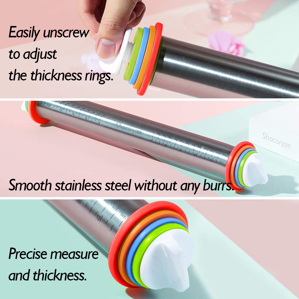 Shacoryze Rolling Pin with 4 Thickness Rings, Adjustable French Dough Roller Stainless Steel Nonstick Pastry Mat Spatula Brush Set for Baking Fondant, Pizza, Tortilla, Pasta, Pie, Pastries, Cookies