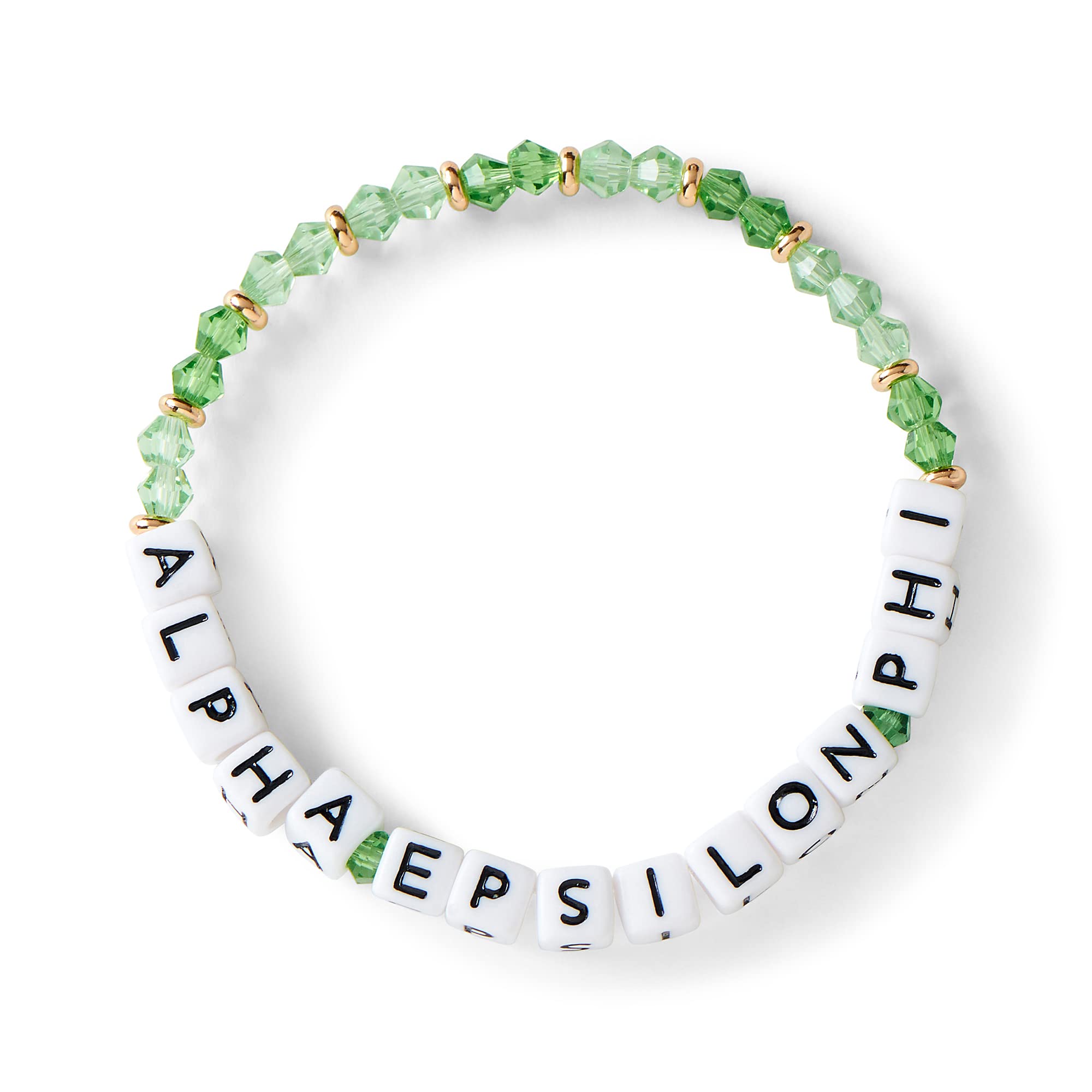 Sorority Shop Alpha Epsilon Phi Bracelet — Glass Bead Bracelet with AEP Name Beads and 18K Gold Accent Beads, Greek Sorority Jewelry for Big Little Sorority Gifts