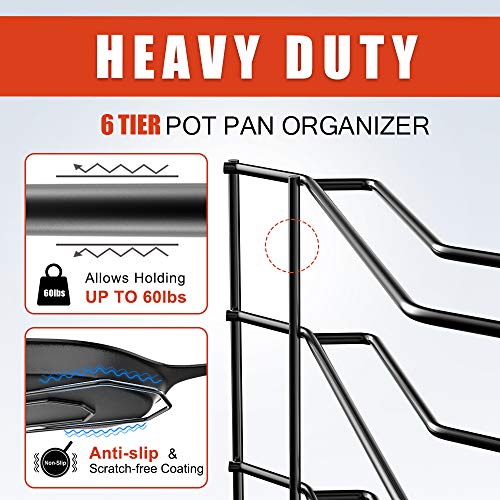 MUDEELA 6 Tier Heavy Duty Pan Organizer, Pan Rack Holds Cast Iron Skillets, Griddles and Shallow Pots, Pan Organizer Rack for Cabinet Kitchen, Durable Steel Construction, No Assembly Required