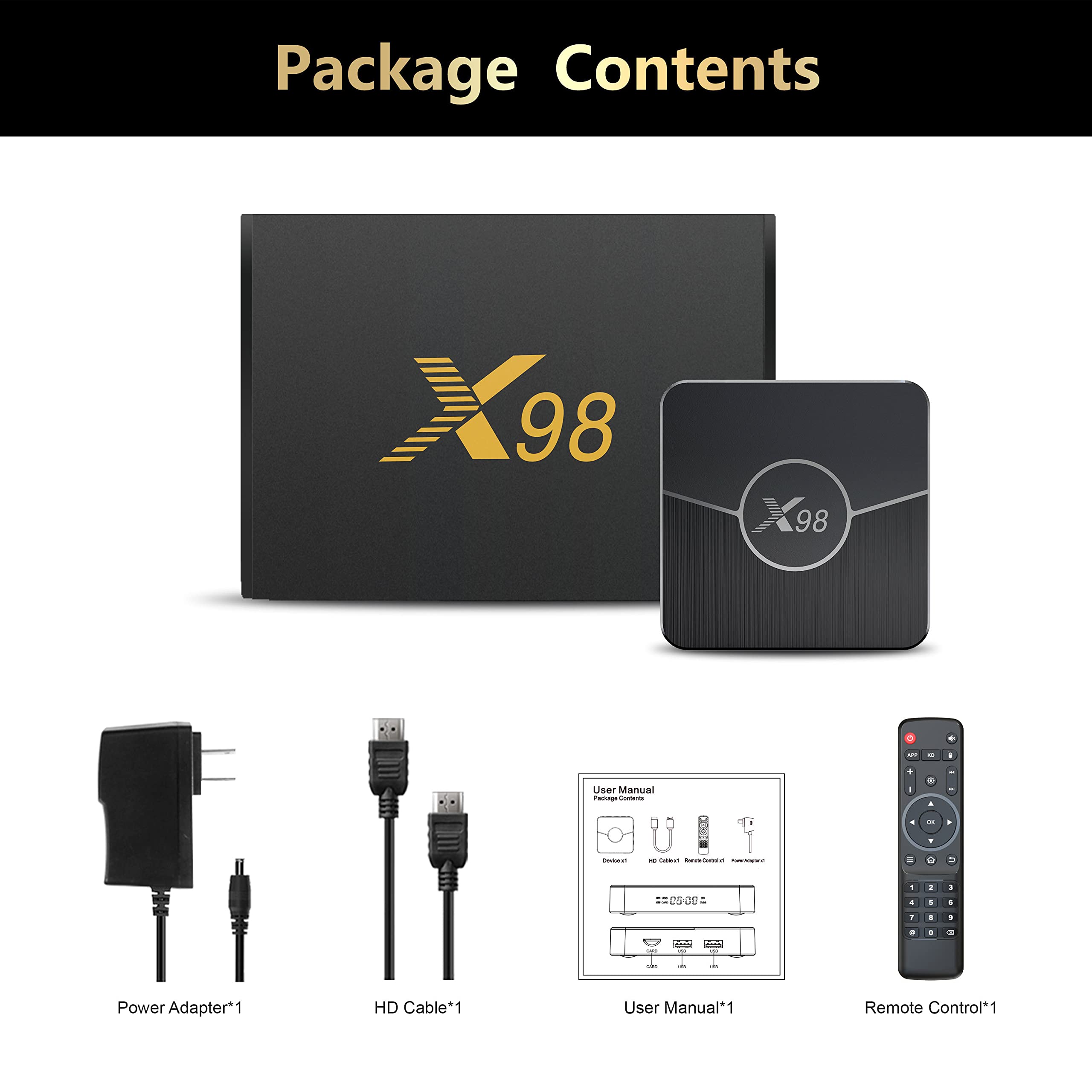 Xilibod Android 11 TV Box 2GB RAM 16GB ROM S905W2 Quad Core CPU Mali-G31 MP2 GPU H.265 Decoding 2.4G/5G WiFi 100M DLAN Smart TV Box - Model No.: X98plus 2GB 16GB