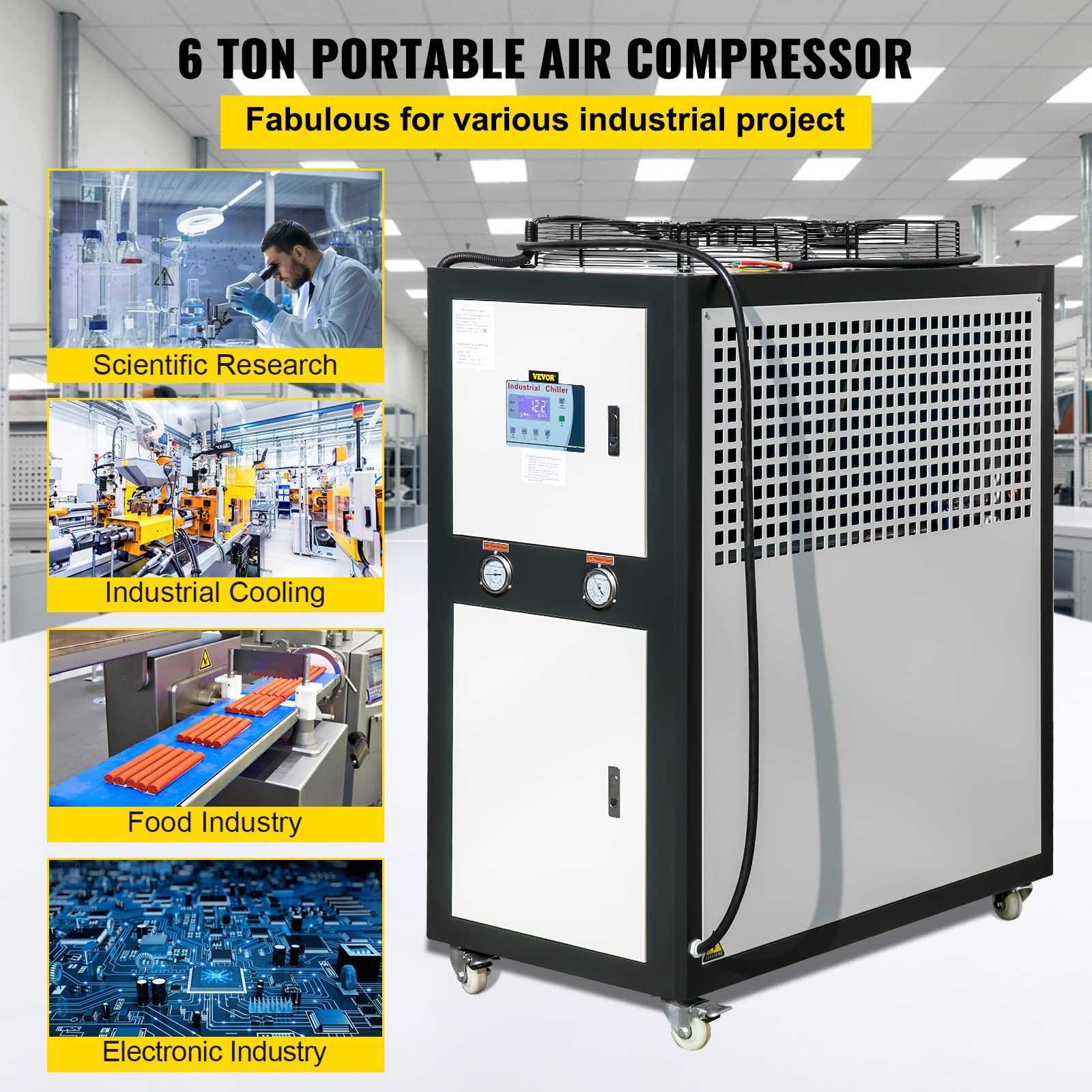 VEVOR Water Chiller 6Ton Capacity, Industrial Chiller 6Hp, Air-Cooled Water Chiller, Finned Condenser, w/Micro-Computer Control, Stainless Steel Water Tank Chiller Machine for Cooling Water