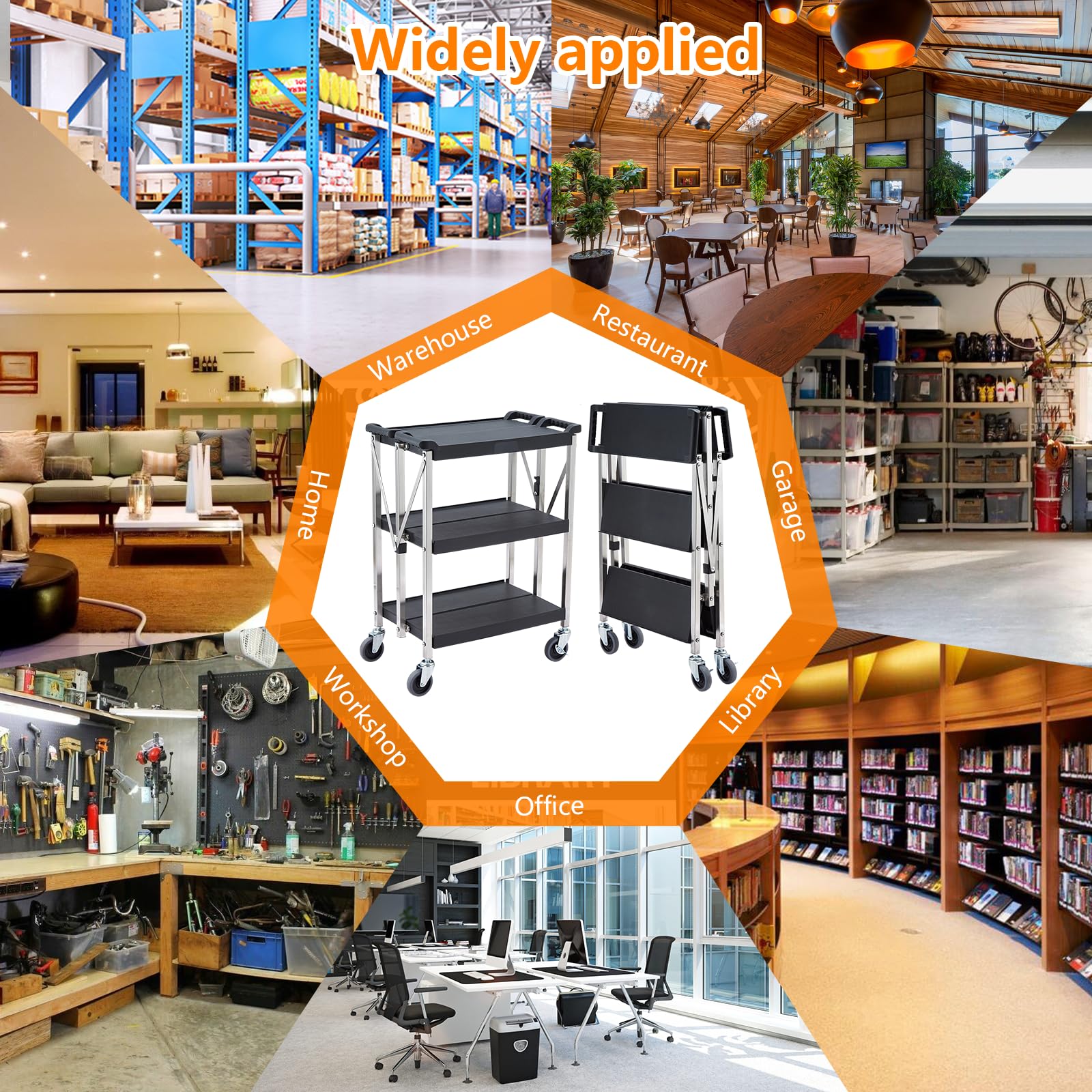 Zstar Foldable Service Cart, 3-Tier Heavy Duty Rolling Service Cart with Lockable & Silent Wheels, 330 lbs Load Capacity, Professional Utility Cart for Foodservice, Commercial,Office, Warehouse, Black