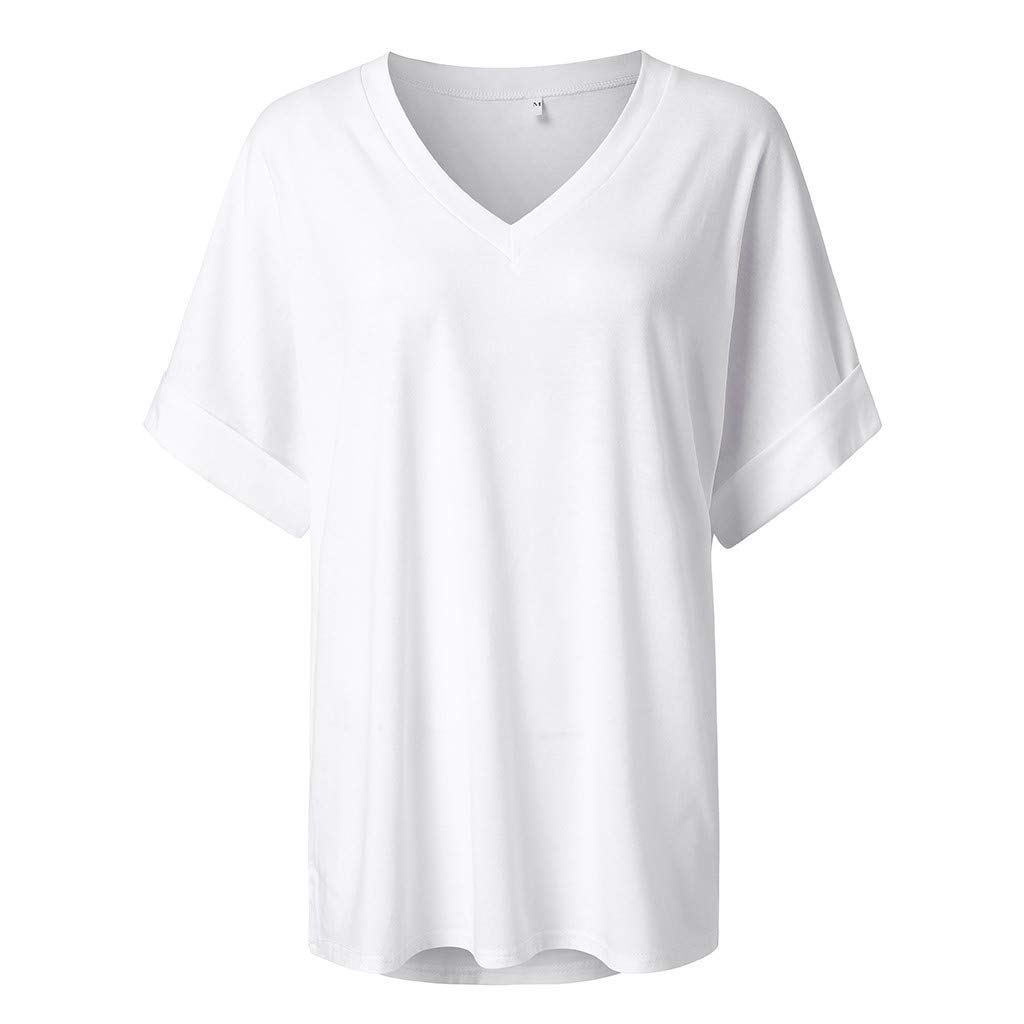 Muicook Women's V Neck T Shirt Rolled Sleeve Side Split Tunic Tops Summer Loose Casual Tops(Large,White)