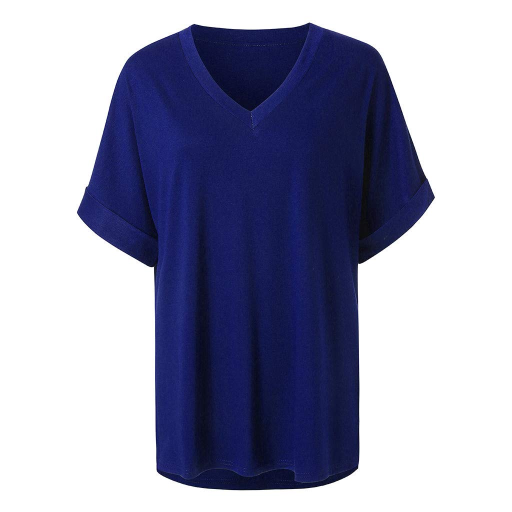 Muicook Women's V Neck T Shirt Rolled Sleeve Side Split Tunic Tops Summer Loose Casual Tops(X-Large,Blue)