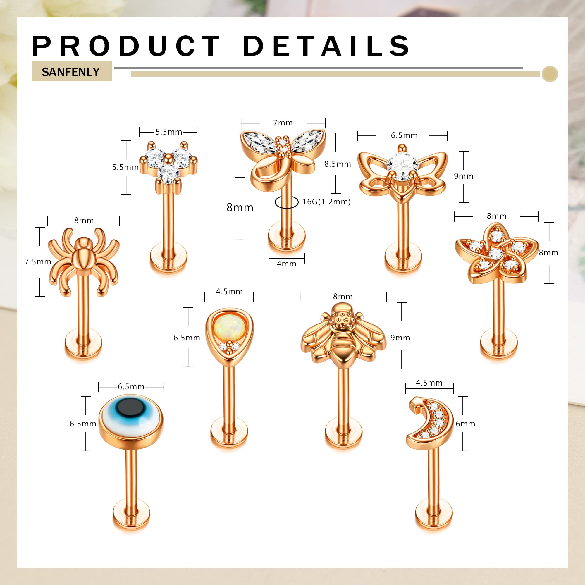 Sanfenly 9PCS 16G Stainless Steel CZ Internally Threaded Labret Monroe Lip Studs Helix Cartilage Tragus Earring Nose Piercing Jewelry