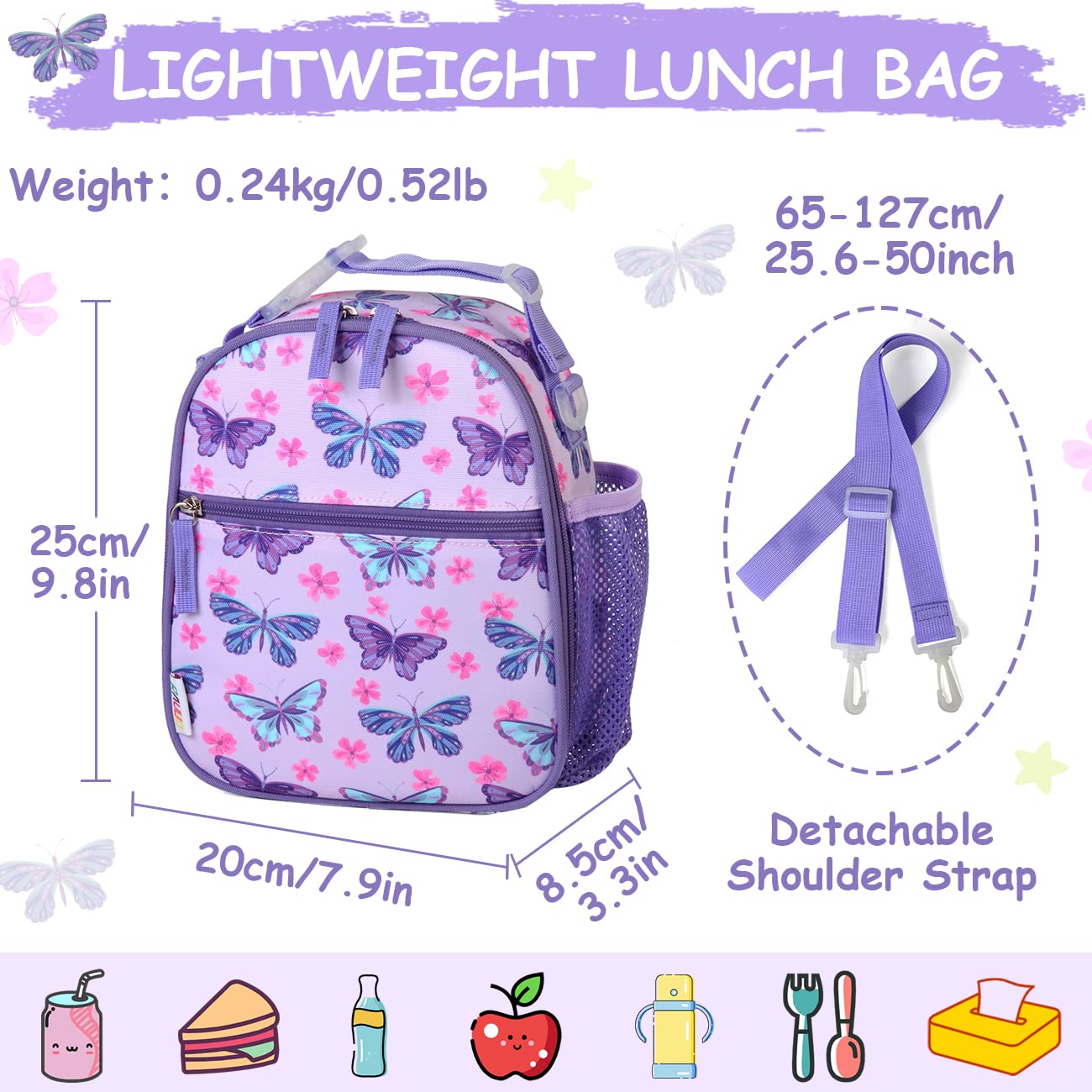 RAVUO Lightweight Butterfly School Backpack Bookbag and Lunch Bag Box Lunchbox Set for Girls