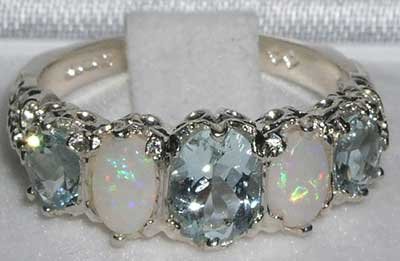 LetsBuyGold 14k White Gold Real Genuine Aquamarine and Opal Womens Promise Ring - Size 9