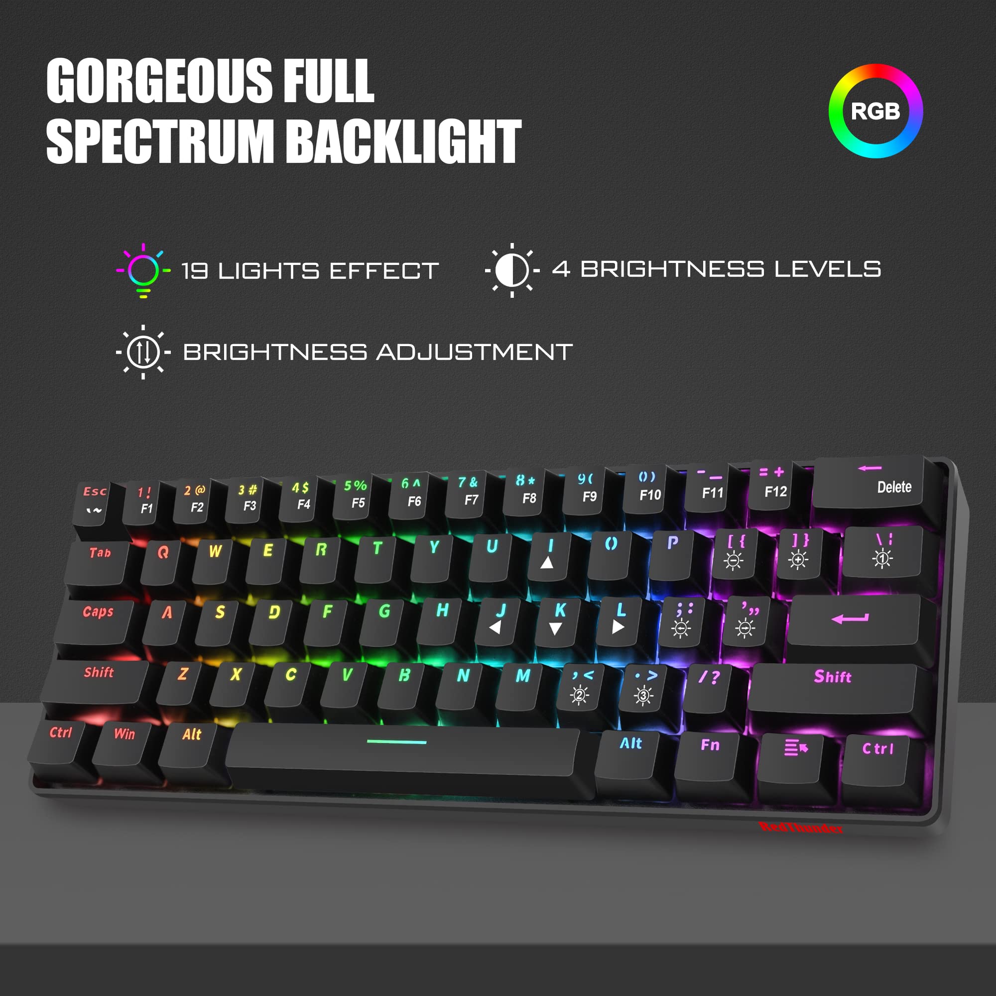 RedThunder 60% Wired Mechanical Gaming Keyboard, 61 Keys Ultra-Compact Keyboard, PBT Keycaps, RGB Backlight for PC (Blue Switch, Black)