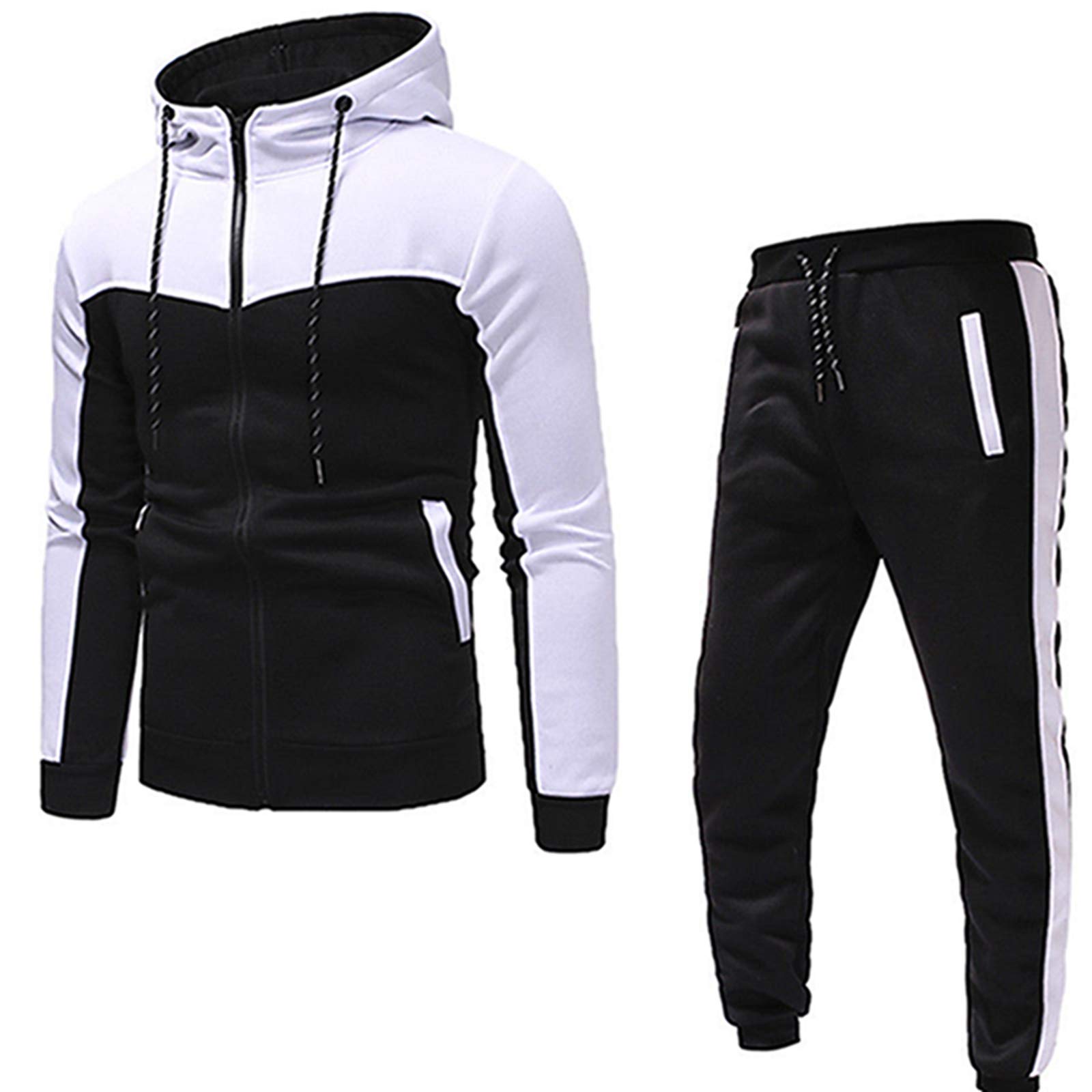 Mens Sweatsuits 2 Piece Hoodie Tracksuit Sets CasualColor Block Jogging Suits for Men (2-White Black, L)