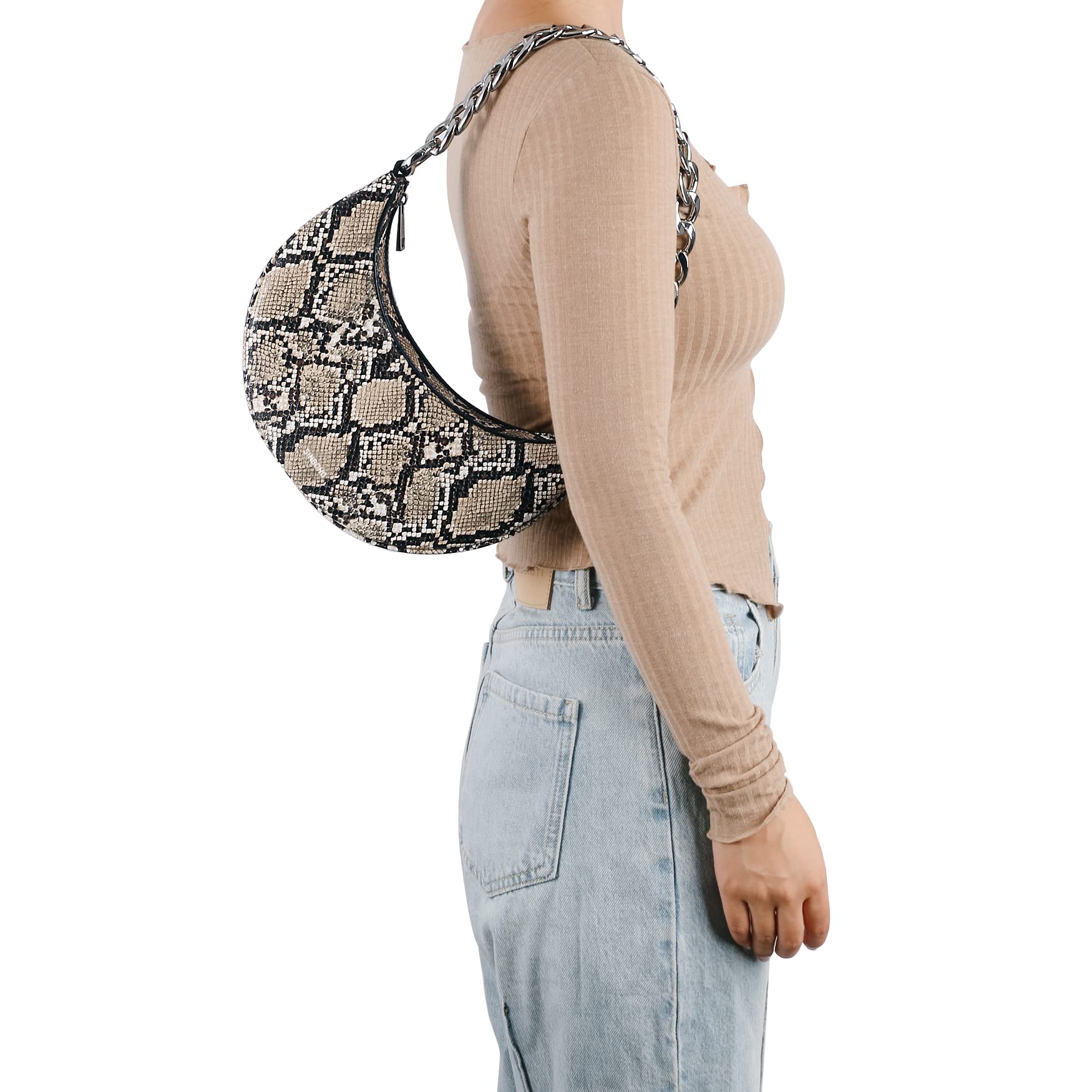 SINBONO Women Shoulder Bag, Cairo Vegan Leather Saddle Bag Handbag Ladies Designer Classic Purse(Natural Snake Embossed)